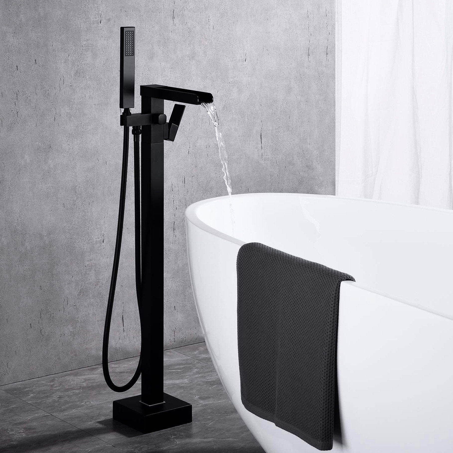 Kivaritio Matte Black Tub Filler With Waterfall Spout And Hand Shower ...
