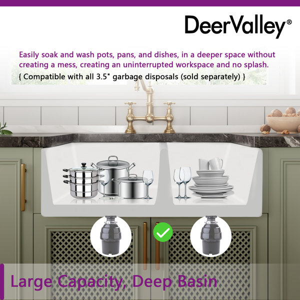 DeerValley Eclipse 33" x 21” Double Bowl 60/40 Ceramic Farmhouse ...