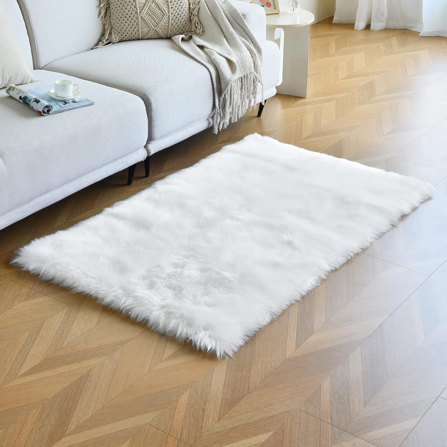 Mercer41 White Rectangle Rug 3X5 Ft, Fluffy Sheepskin Carpet Rug ...