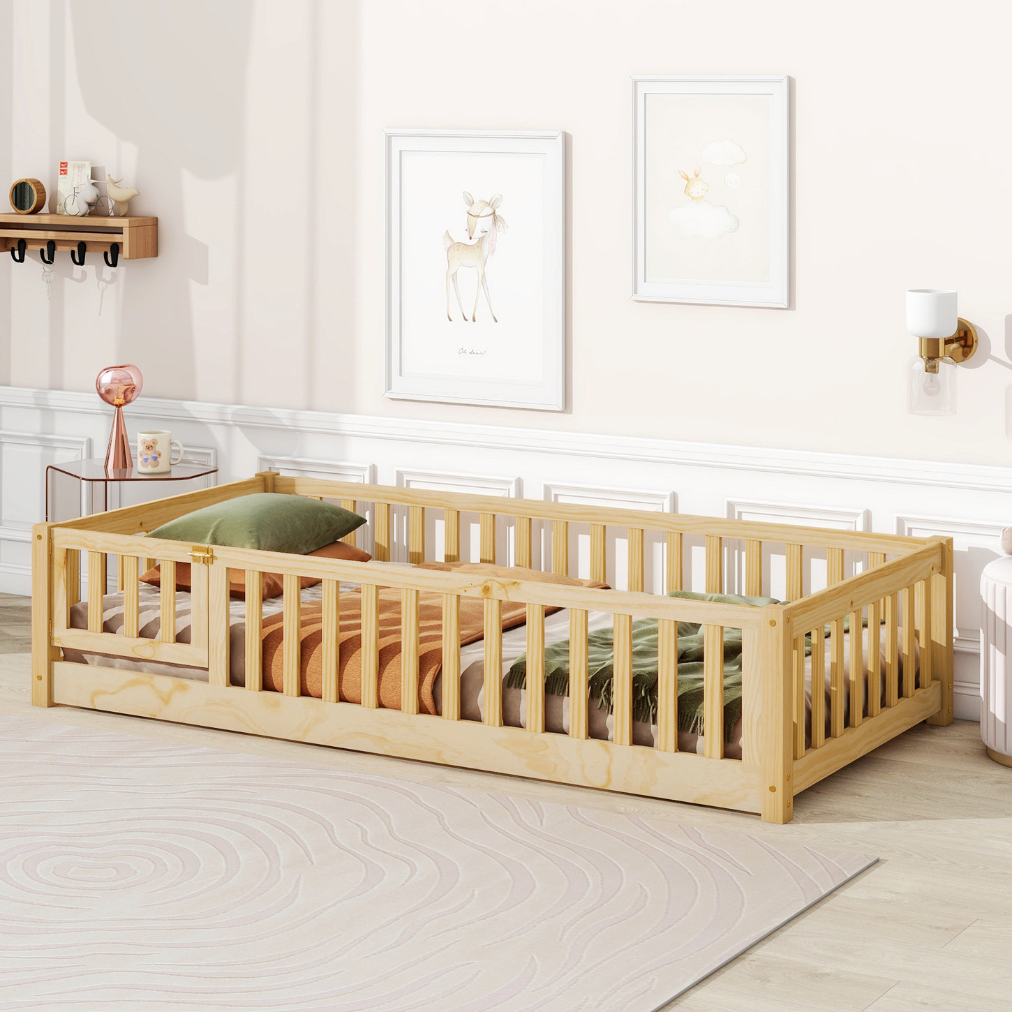 Ebern Designs Floor Platform Bed With Fence Guardrails And Door, Multi ...