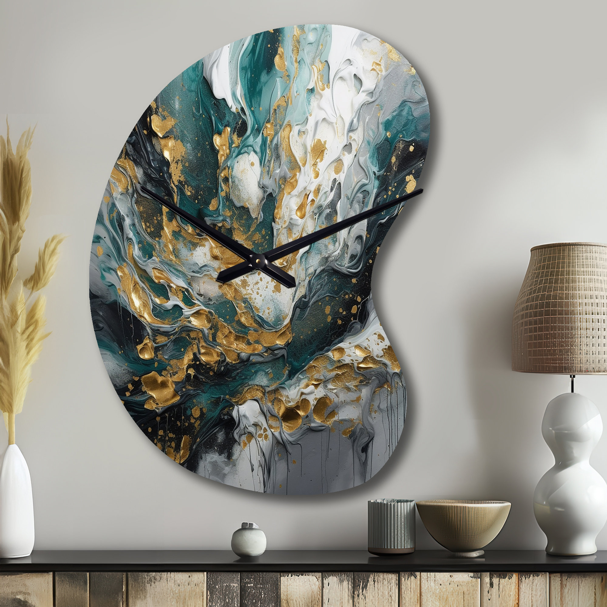 Design Art Gold Teal Ink On Stone - Asymmetrical Abstract Metal Wall ...