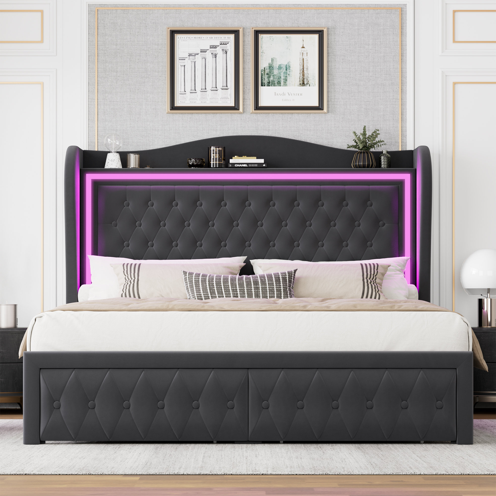 Wrought Studio™ Kaliya Velvet Upholstered Wingback Bed with LED Lights ...