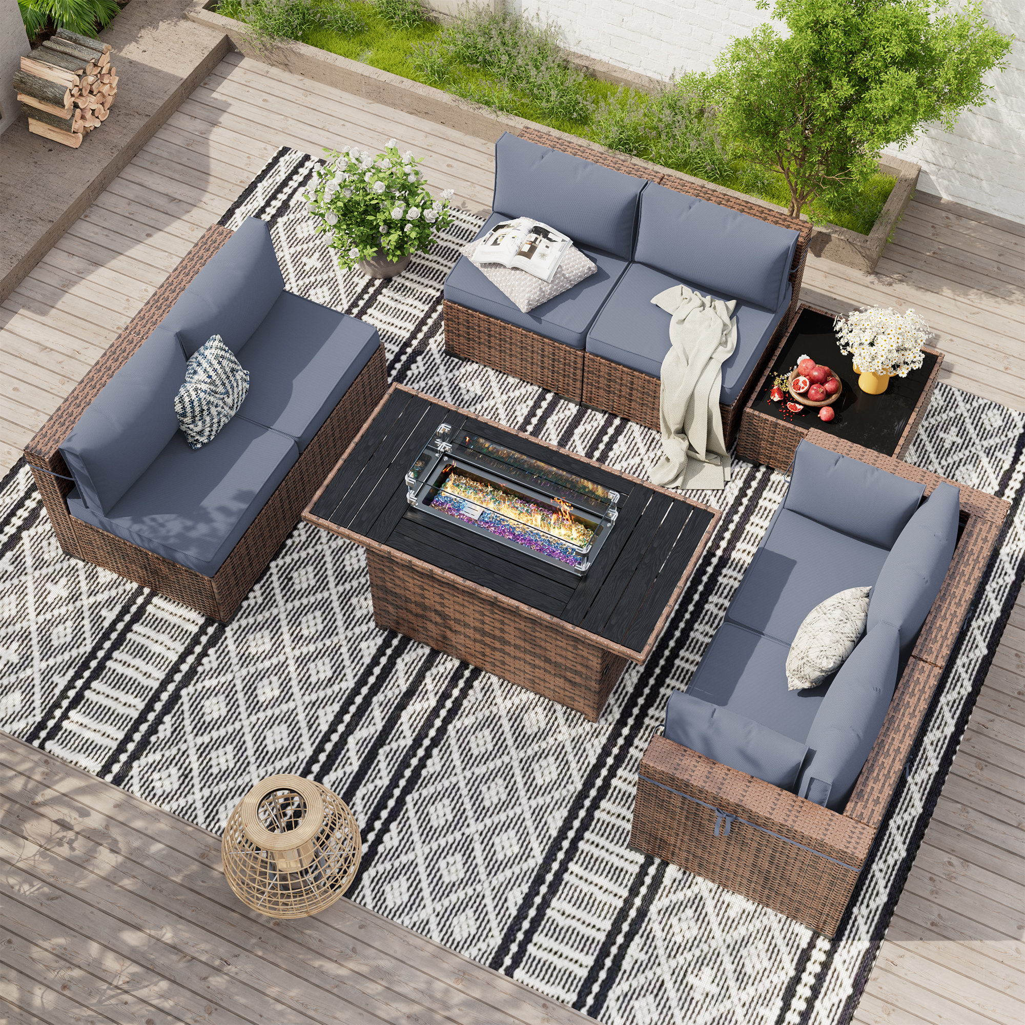 Ebern Designs Babak Rattan Sectional Conversation Sets With Fire Pit ...