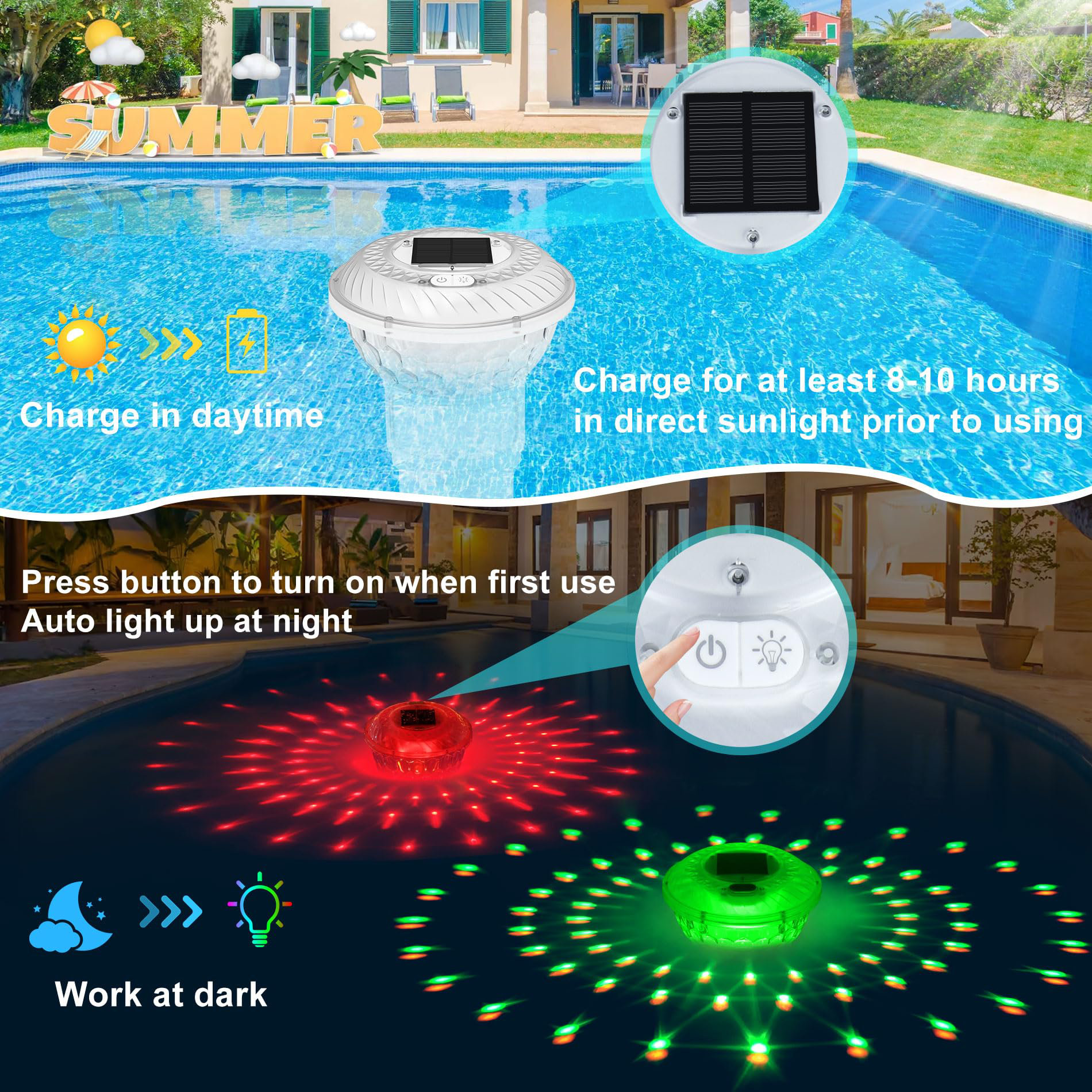 Zeki Shoggy Solar Chlorine Floater With Colorful Light Show, Button ...