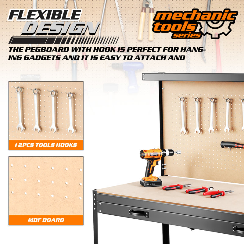 Williston Forge 47" Work Table Garage Workshop Workbench With Pegboard ...