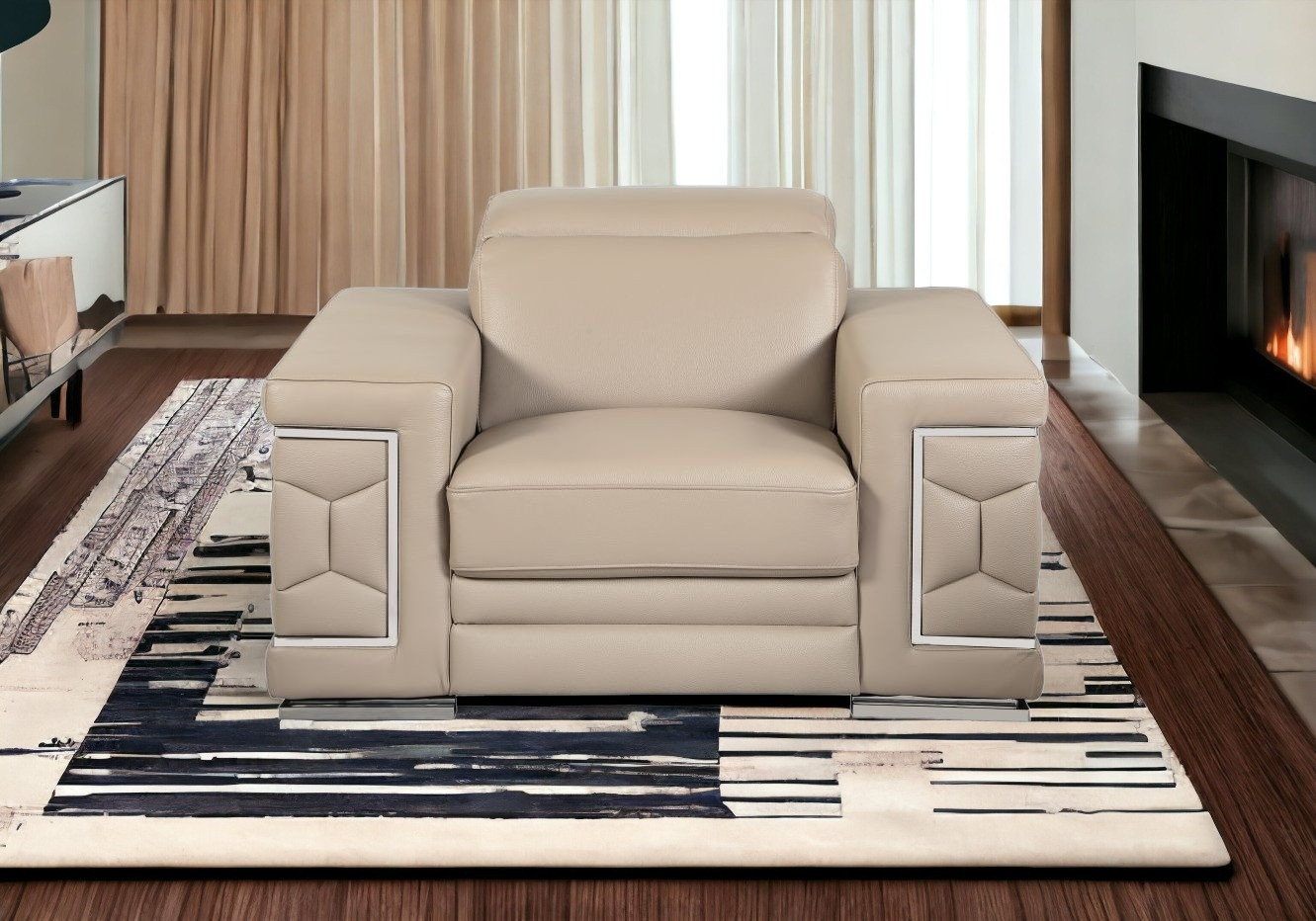 HomeRoots 47" Beige And Silver Faux Leather Club Chair | Wayfair