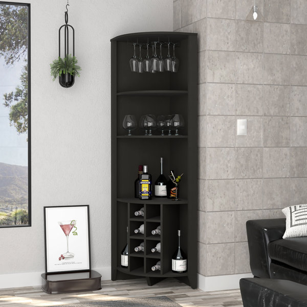 Millwood Pines Bouvet Corner Bar Cabinet with 3 Shelves, 8 Wine Cubbies ...