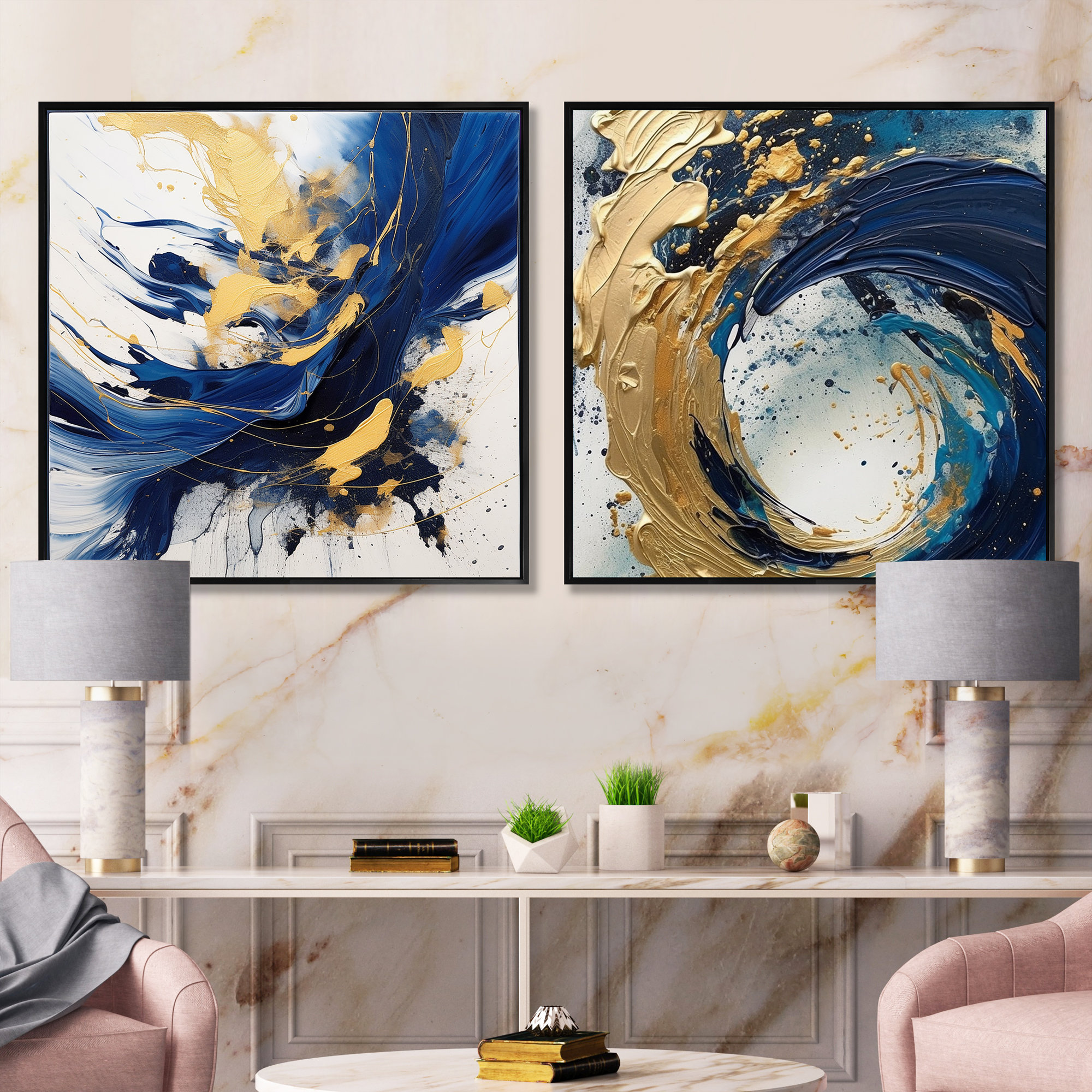 Mercer41 Dark Blue And Gold Strokes II - Fractals Square Collage Set Of ...