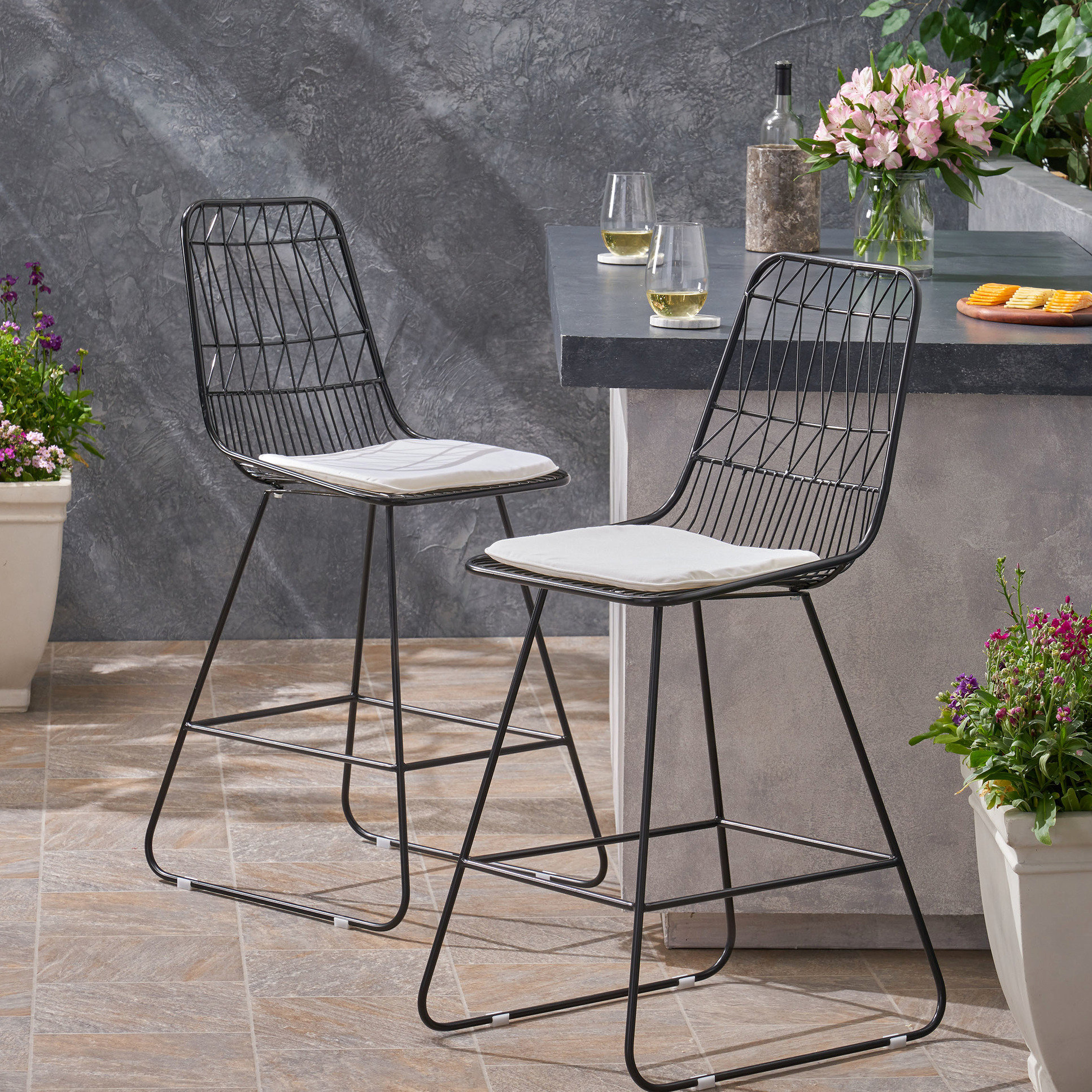 Latitude Run® Contemporary Iron Counter Stools With Cushions, Water ...