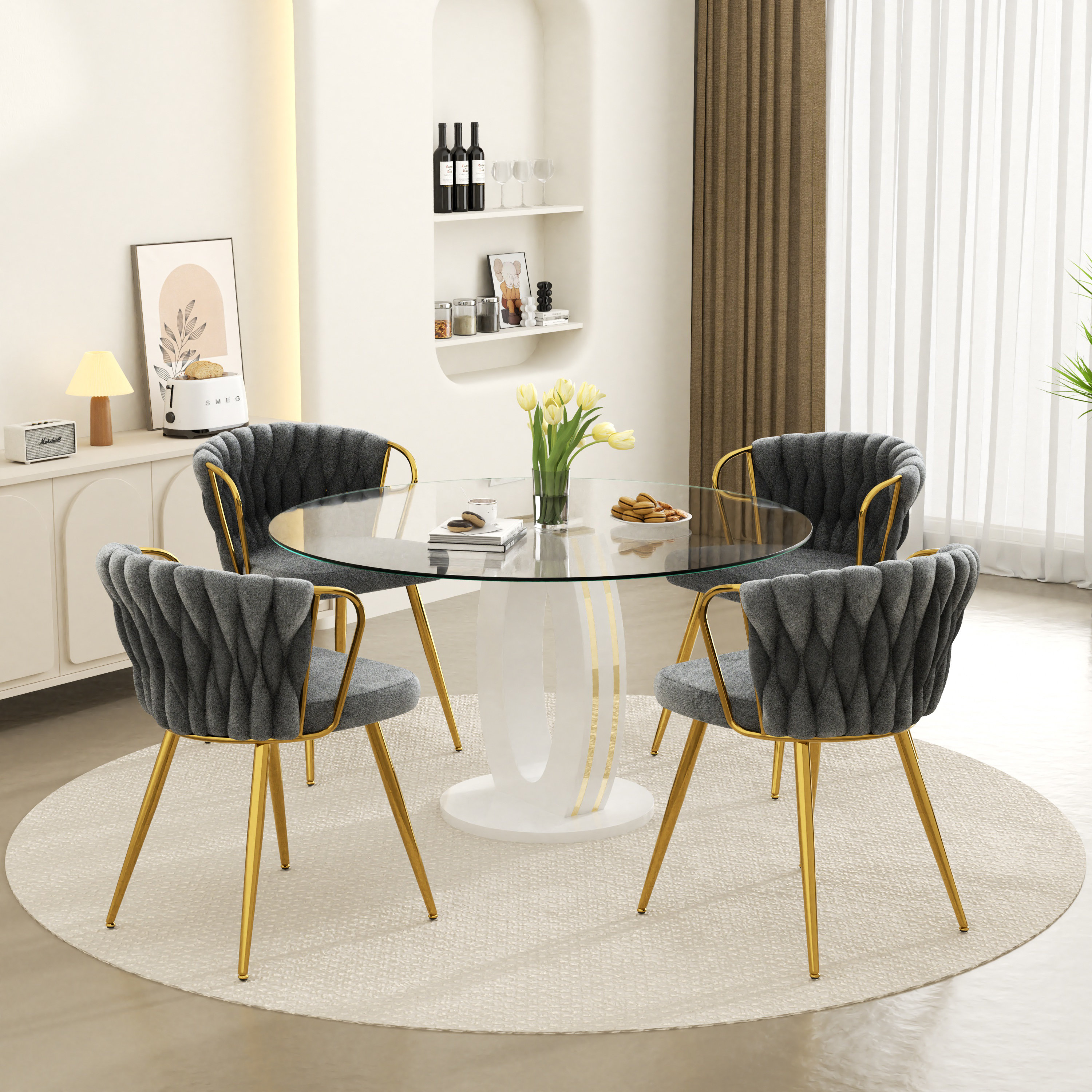 Mercer41 Modern Round Tempered Glass Pedestal Dining Set with Velvet ...