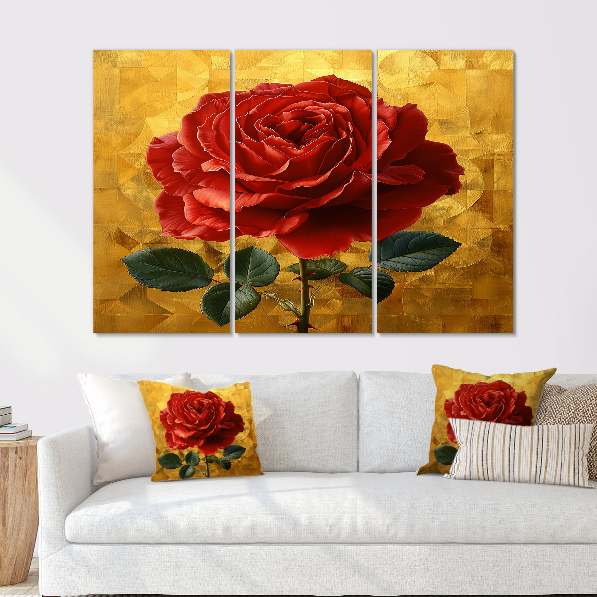 Design Art Red Rose On Vintage Gold - Rose Wall Art Print Set | Wayfair