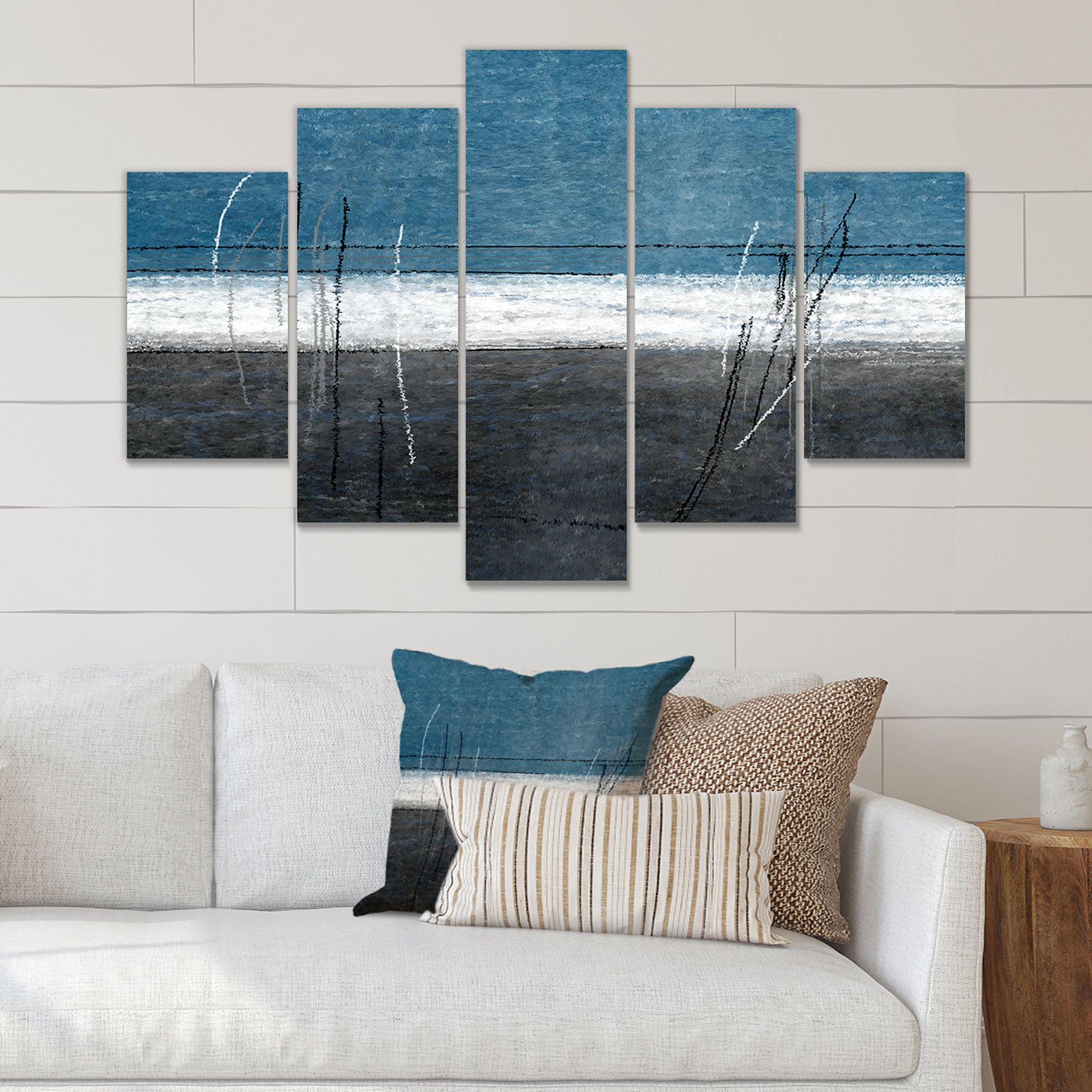 East Urban Home Teal Meets Gray Abstract Art - 5 Piece Wrapped Canvas ...