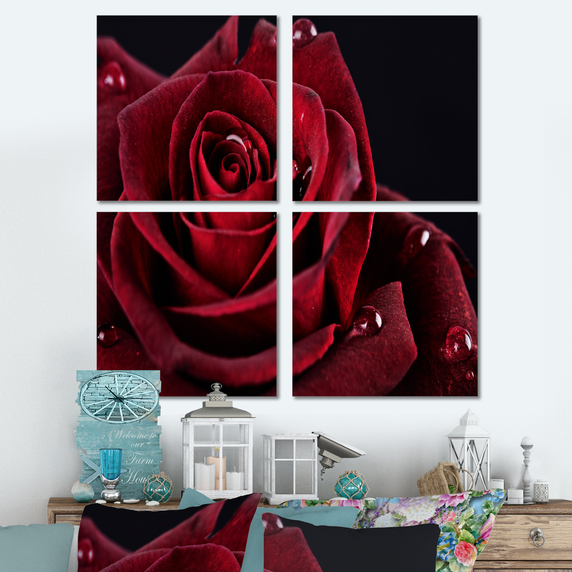 Latitude Run® " Red Rose With Raindrops On Black " 4 - Pieces - Wayfair ...