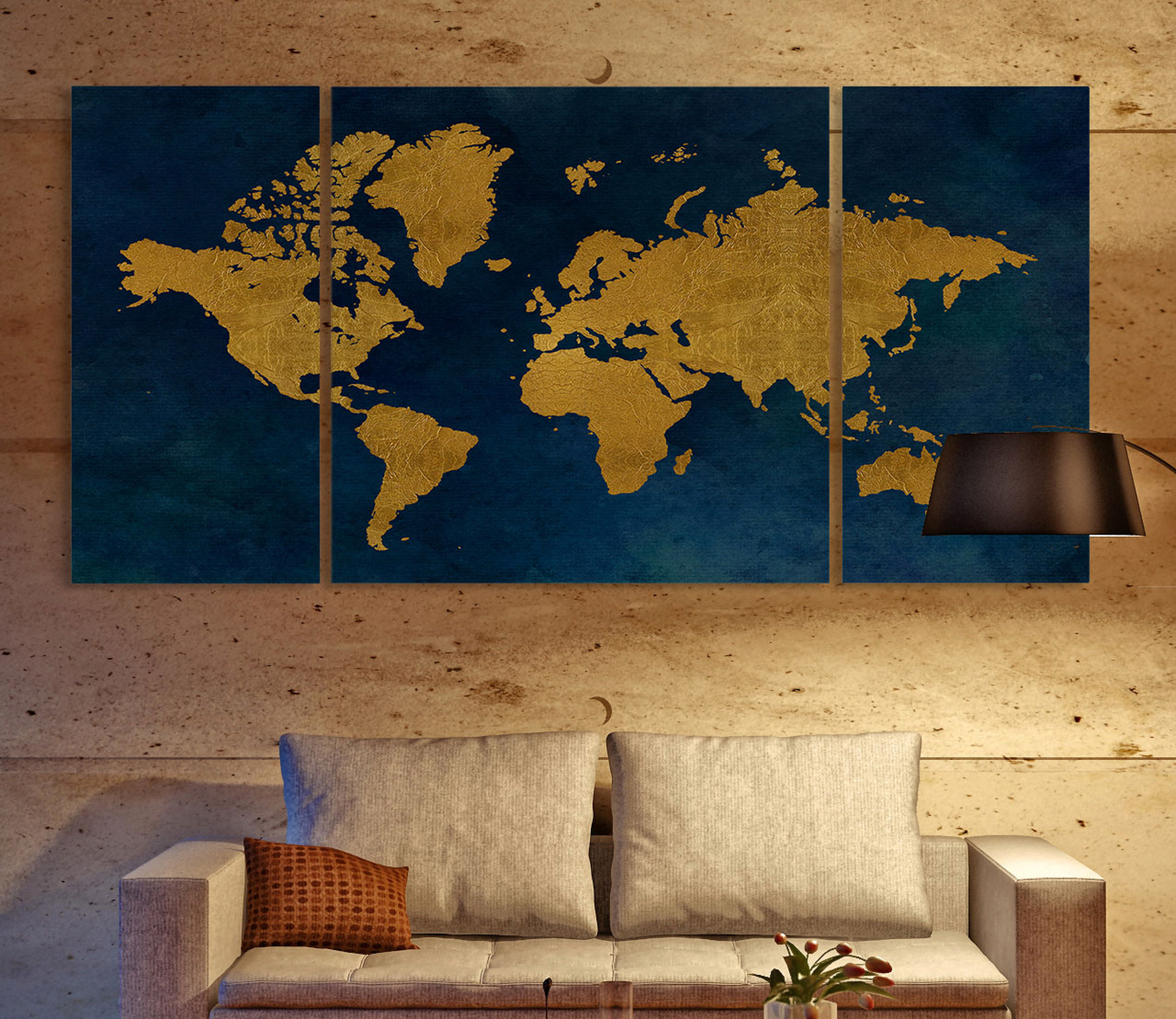Wexford Home A Premium 'Golden Blue Map' Painting Multi-Piece Image on ...