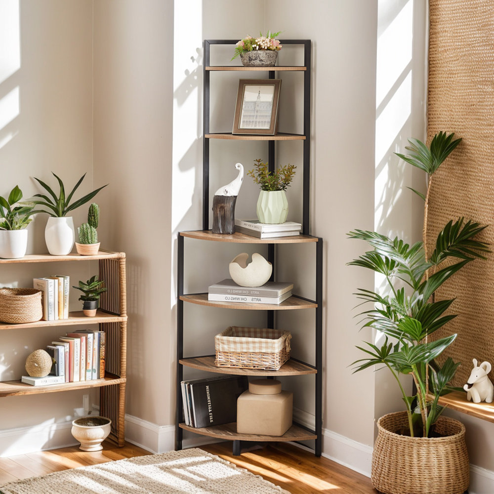 17 Stories 6-Tier Corner Shelf Stand, Ladder Bookshelf, Bookcase, Wood ...