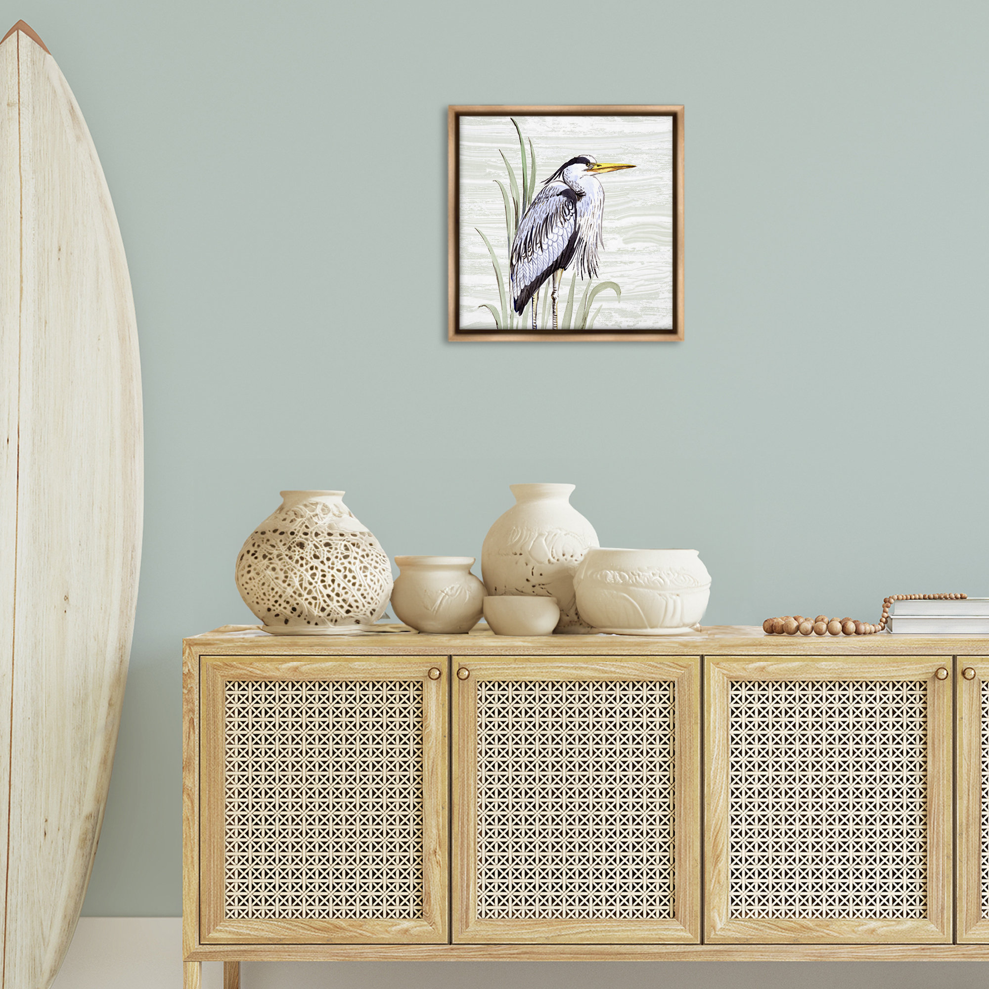 Highland Dunes Beach Bird Elegant Heron Framed Floater Canvas Wall Art ...