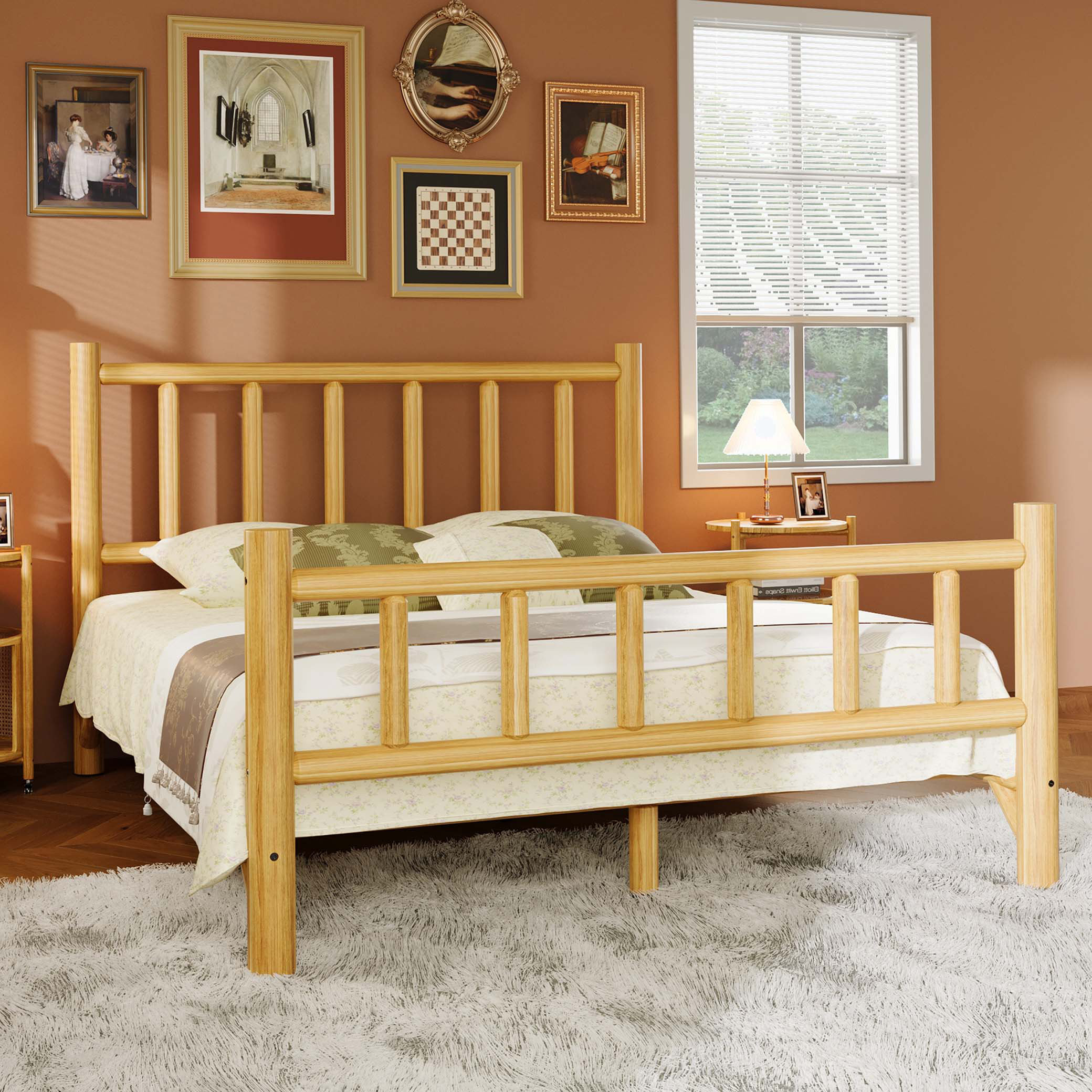 Gracie Oaks Farmhouse Log Bed Frame Queen Rustic Style Pure Solid Pine ...