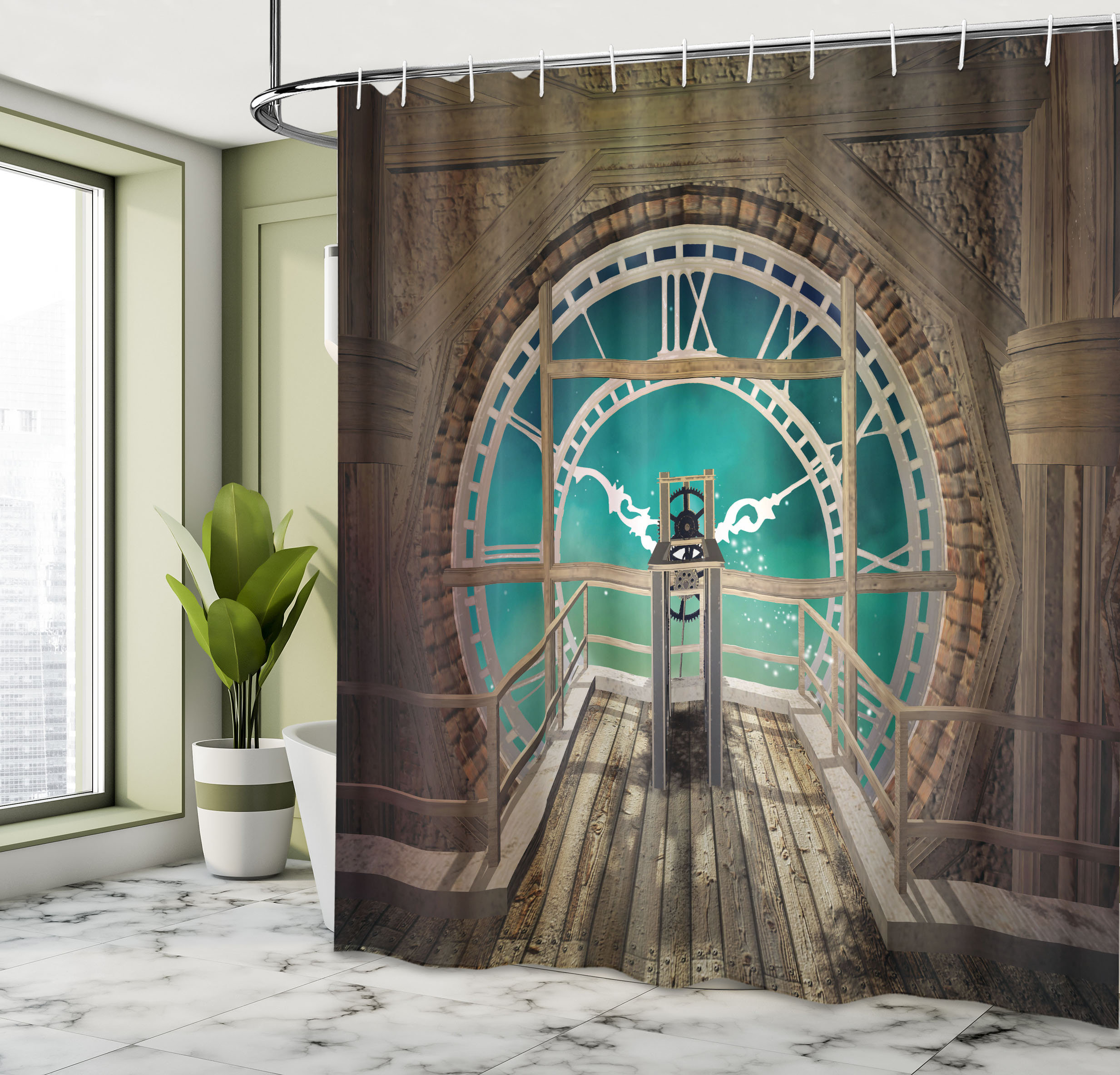 Ambesonne Steampunk Shower Curtain Fantasy Clock Tower Pale Brown ...