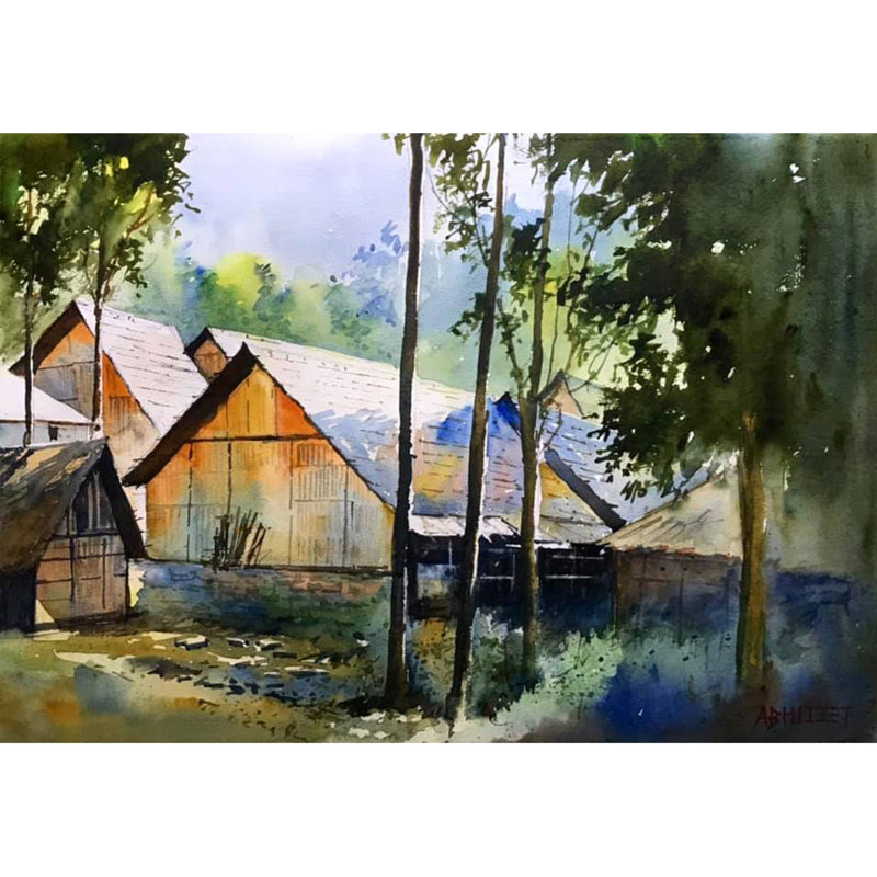 how to draw village scenery with watercolor