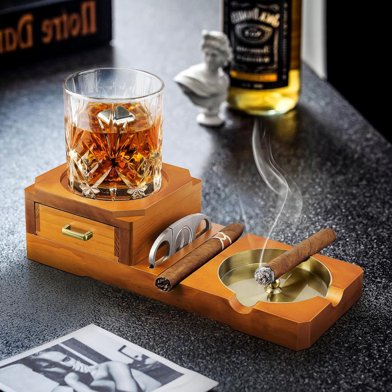 WIZIAT Cigar Ashtrays, Whiskey Glass Tray And Wooden Ash Tray ...