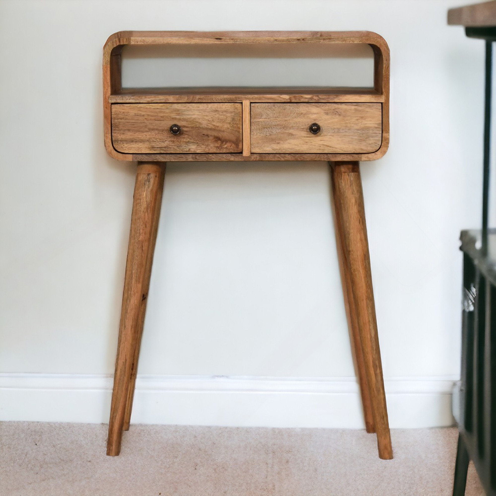 George Oliver Solid Wood Mini Curved Oak-ish Console Table, 2-Drawers ...