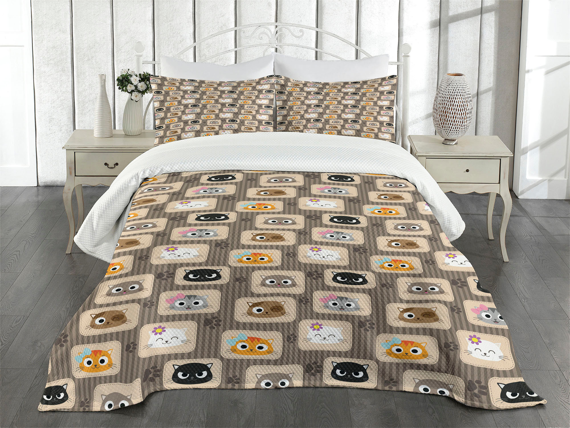 Ambesonne Cat Bedspread Set Patchwork Style Silly Faces Multicolor ...