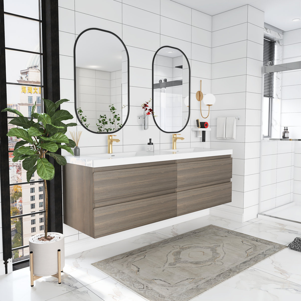 Hokku Designs Ryton 72'' Double Sink Wall Mounted Bathroom Vanity with ...