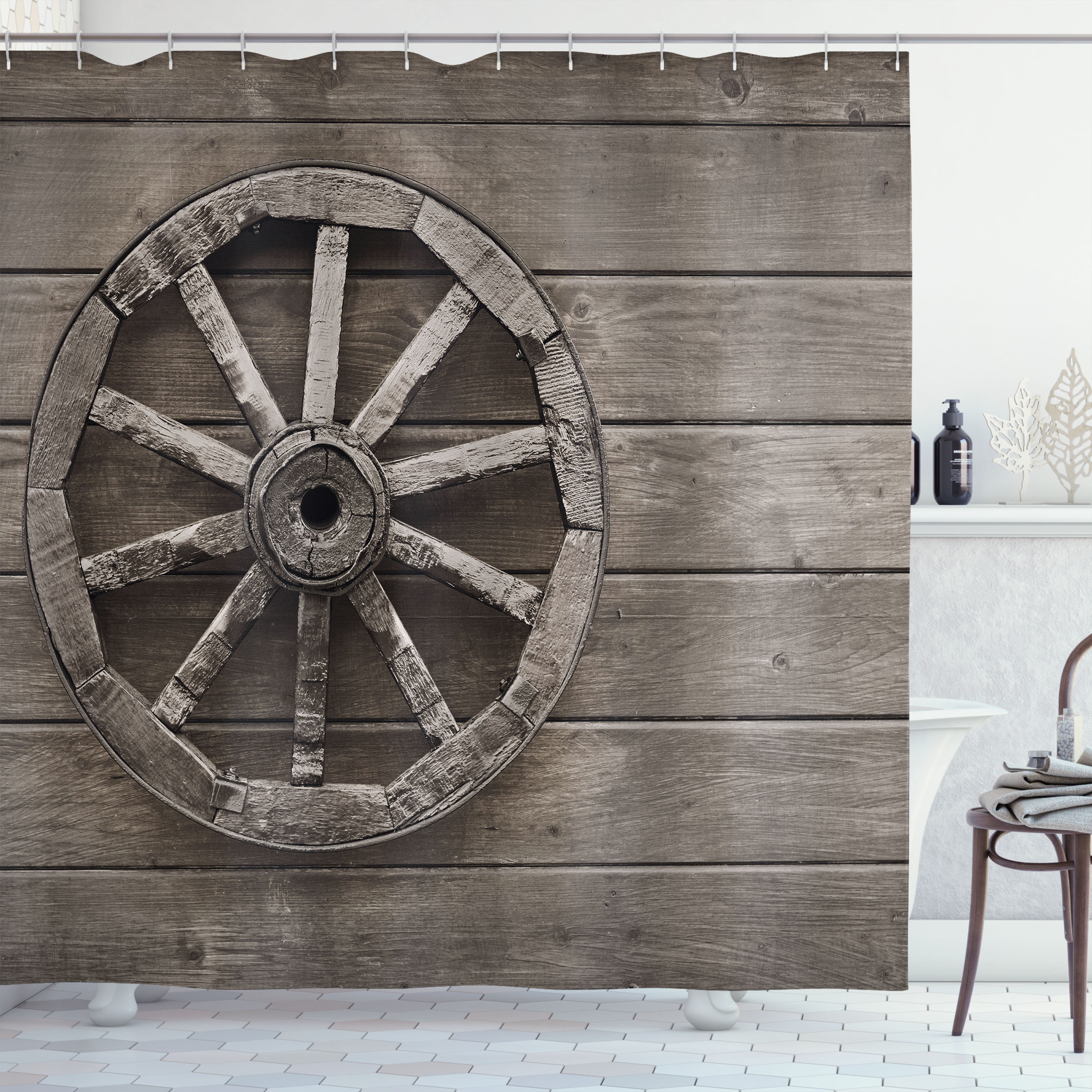 East Urban Home Wagon Wheel Shower Curtain Old Carriage Umber | Wayfair