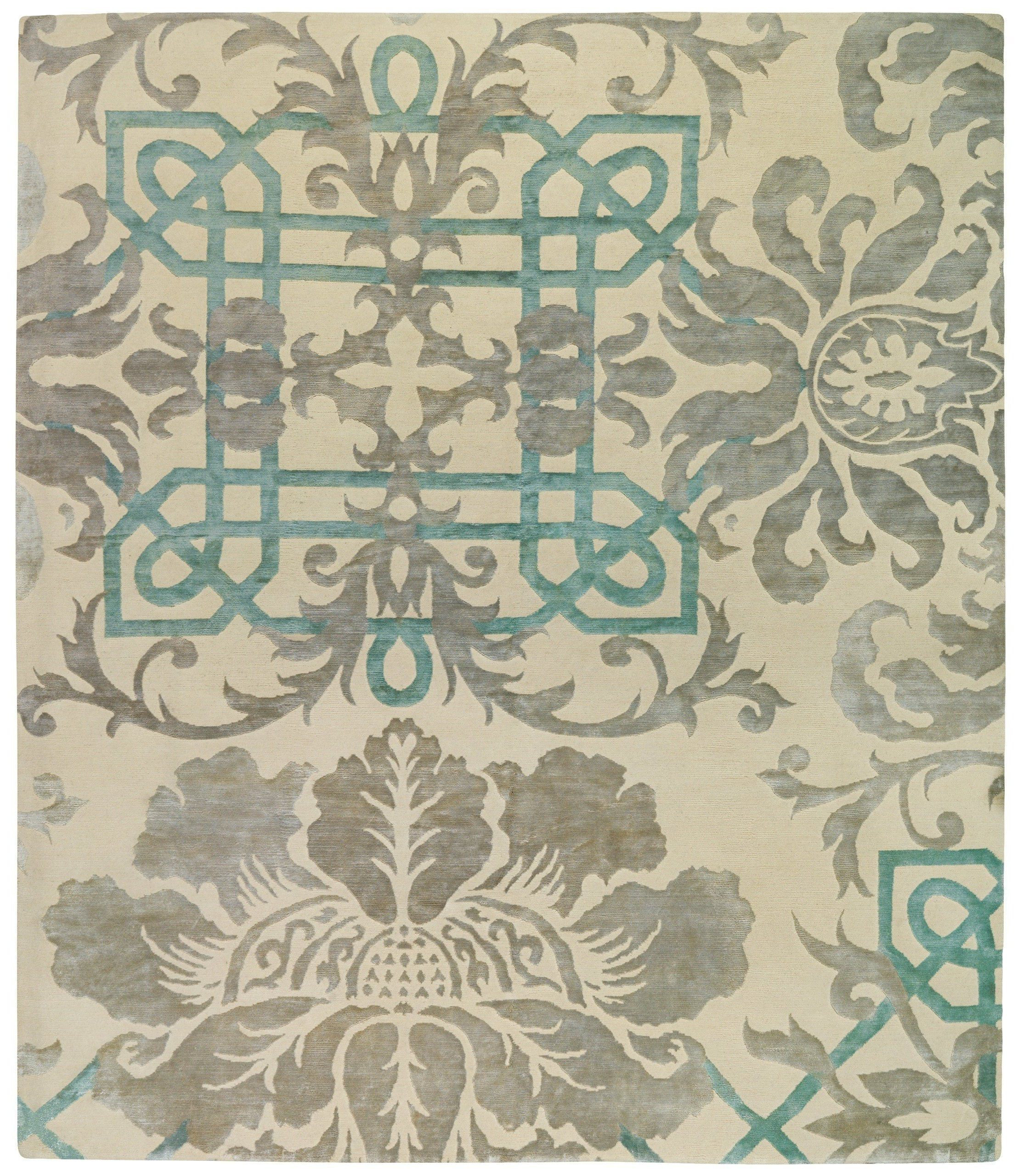 Tufenkian Brocade Floral Hand-Knotted Wool/Silk Green/Gray/White Area ...