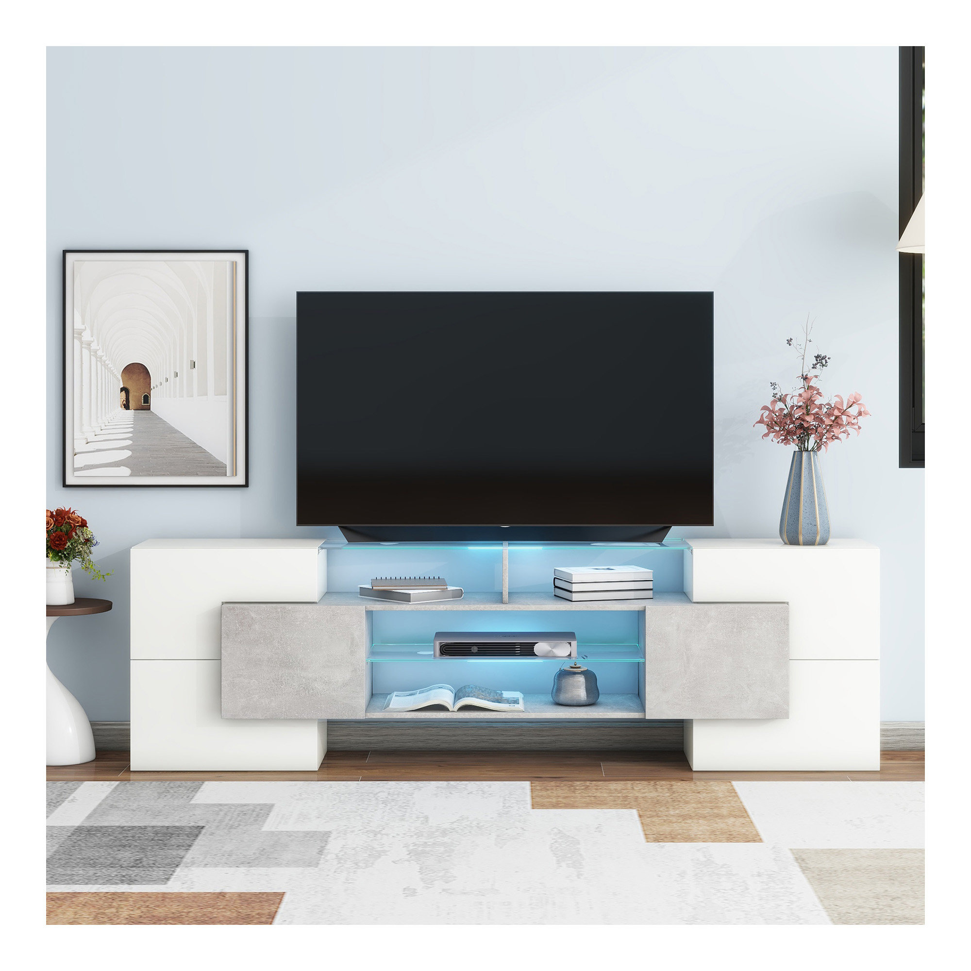 Ivy Bronx Unique Shape TV Stand With 2 Illuminated Glass Shelves, High ...