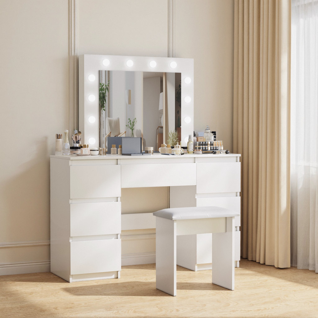 Latitude Run® 41" Large White Vanity – 12-Bulb 3-Color Hollywood Mirror ...