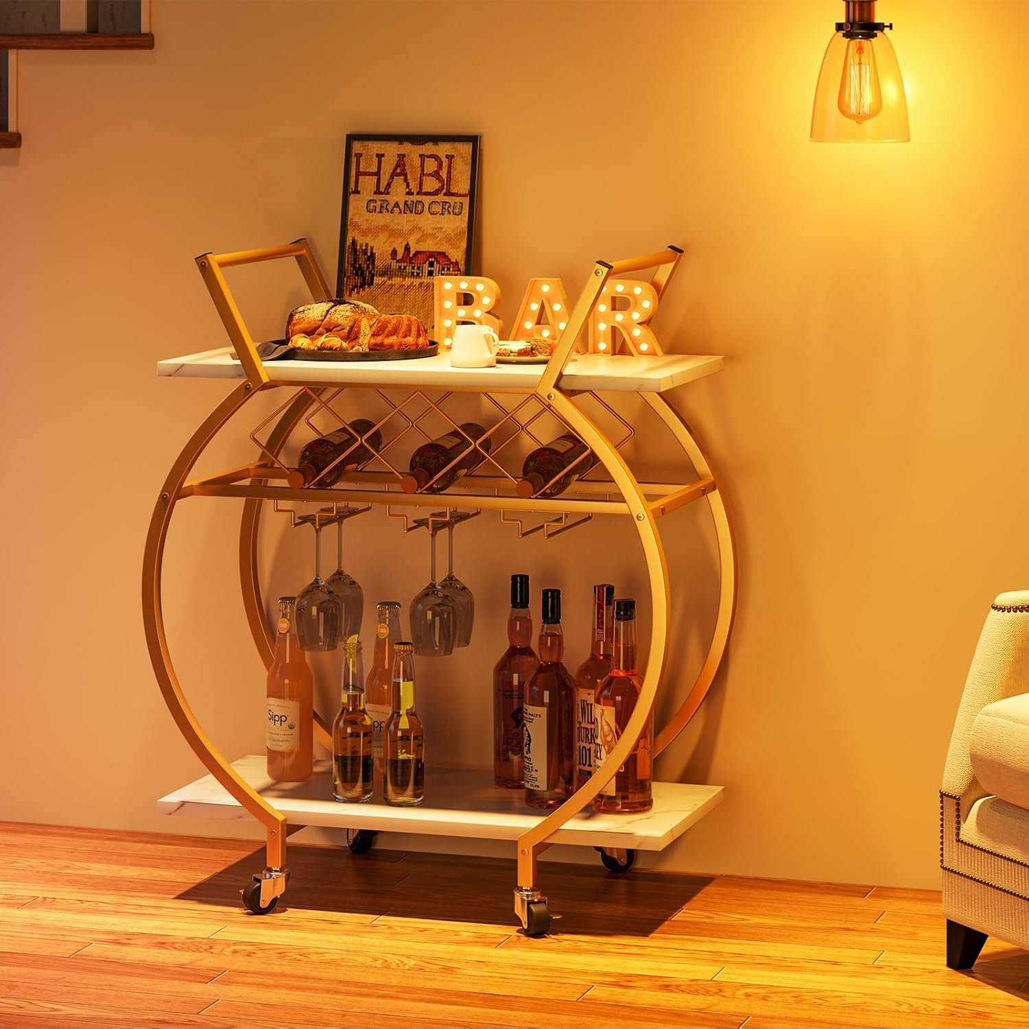 Stunver Bar Carts 2 Tiers Rolling Home Serving Cart With Wine Rack And ...