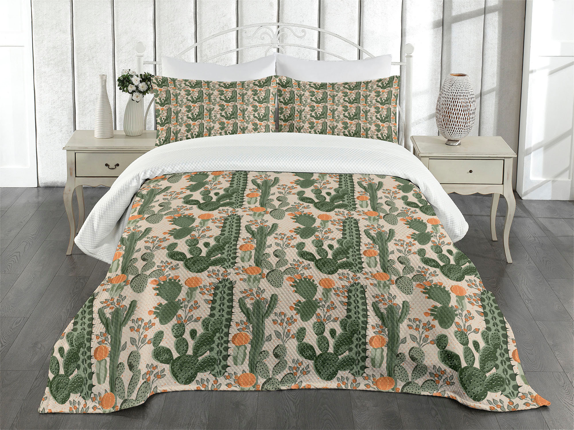 Ambesonne Succulent Bedspread Set Desert Botany Cacti Flora Sage Green ...