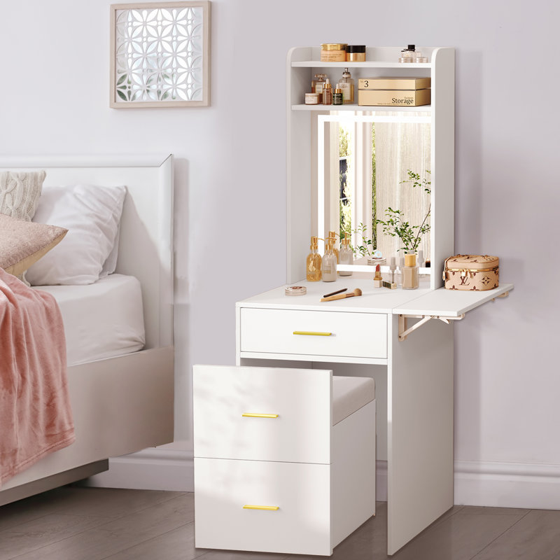 Mercer41 60"h White Small Vanity Desk Set With Light Mirror Fold-up ...