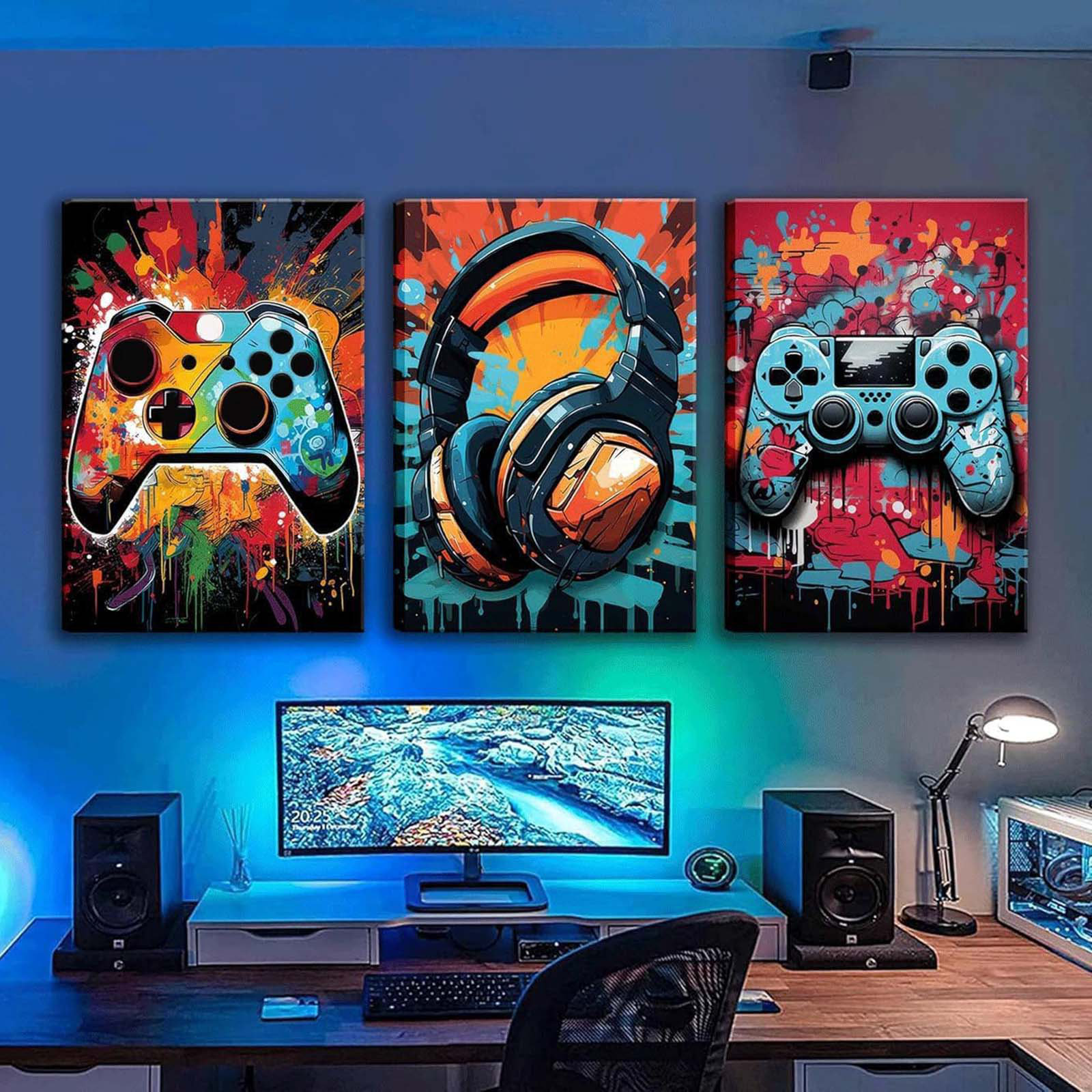 George Oliver 3Pcs Cool Gaming Wall Art Retro Video Game Watercolor ...