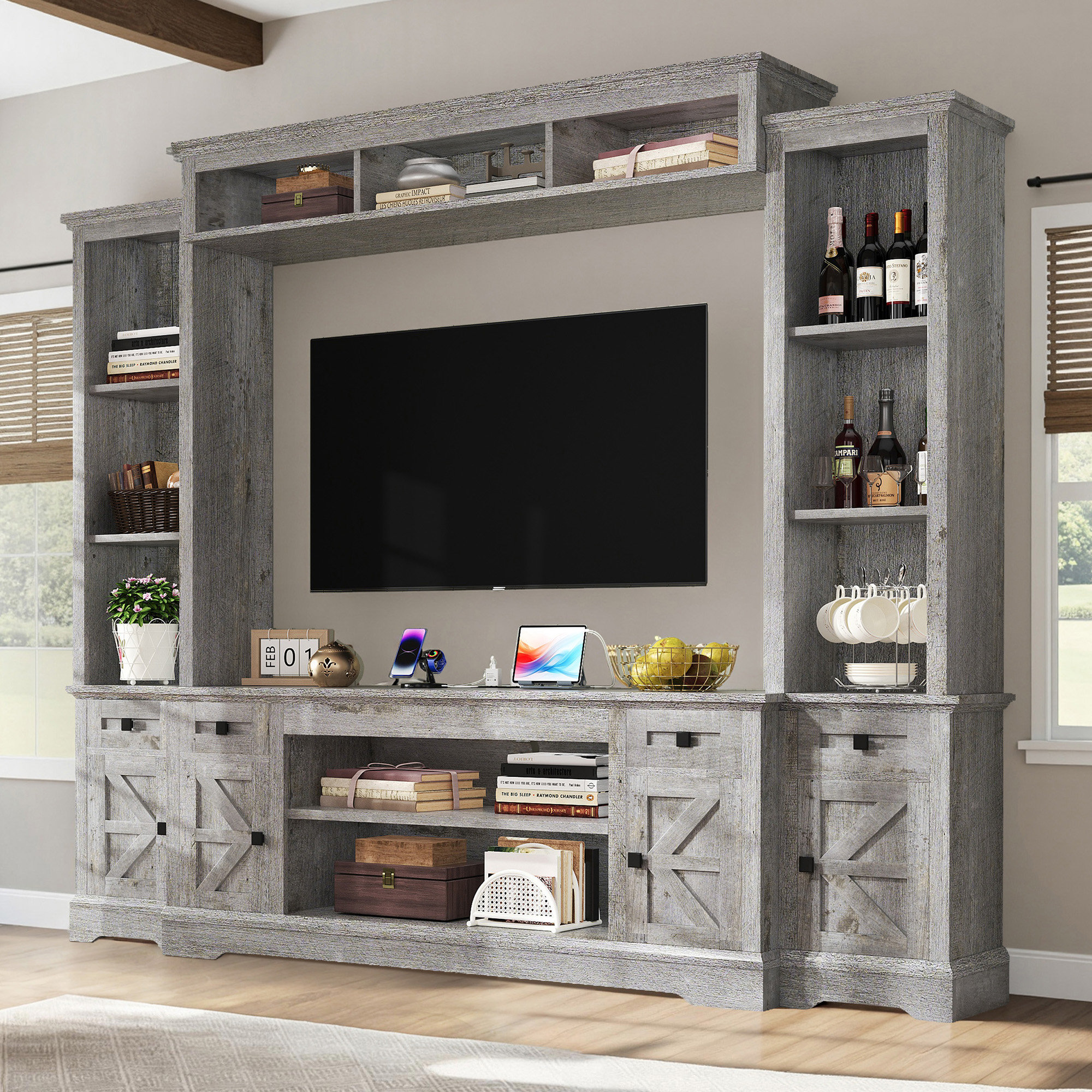 August Grove® Donyell Farmhouse 98" Wall Unit Entertainment CenterFor ...