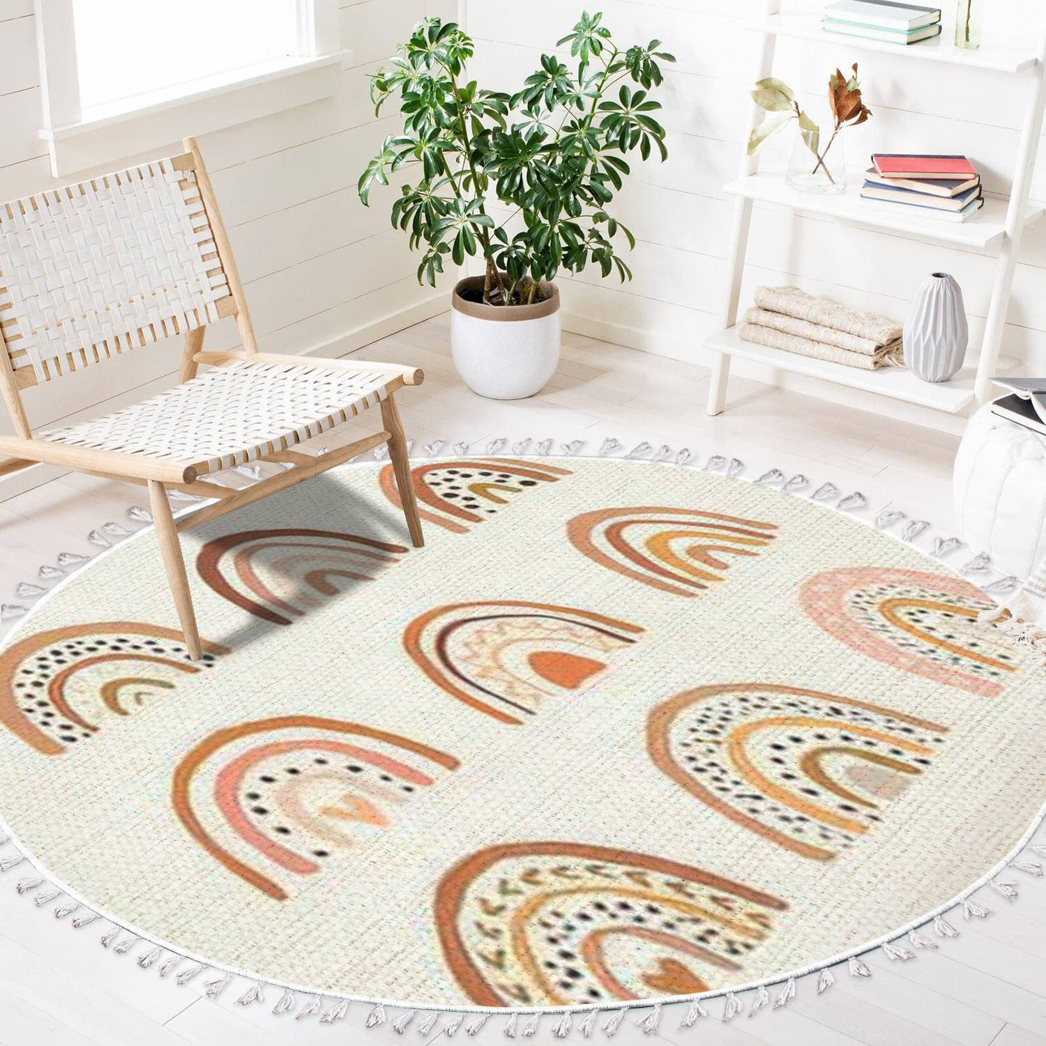 Indigo Safari Round Boho Rug Hand Drawn Rainbows Cute Set In Pastel And ...