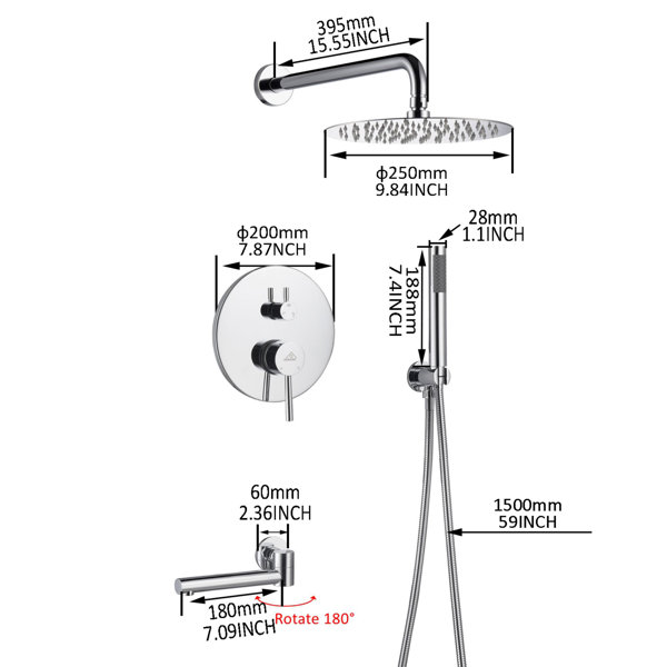 clihome Round 3 Functions Wall Mount Dual Shower Head Complete Shower ...