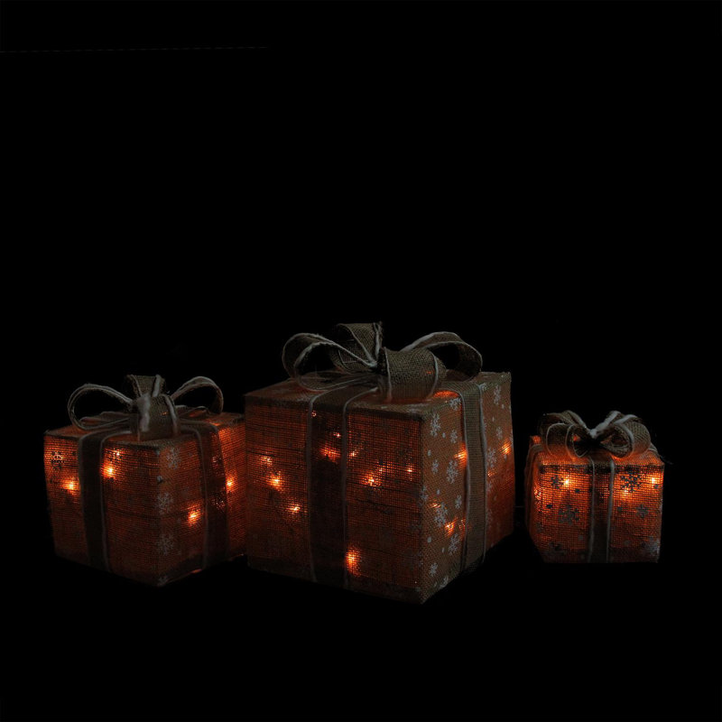 Northlight Seasonal Set of 3 Lighted Natural Snowflake Burlap Gift ...
