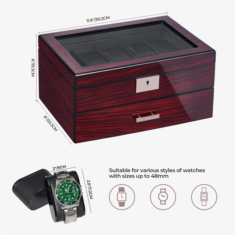 Latitude Run® 20 Slot Luxurious Watch Box with Large Glass Lid Lockable ...