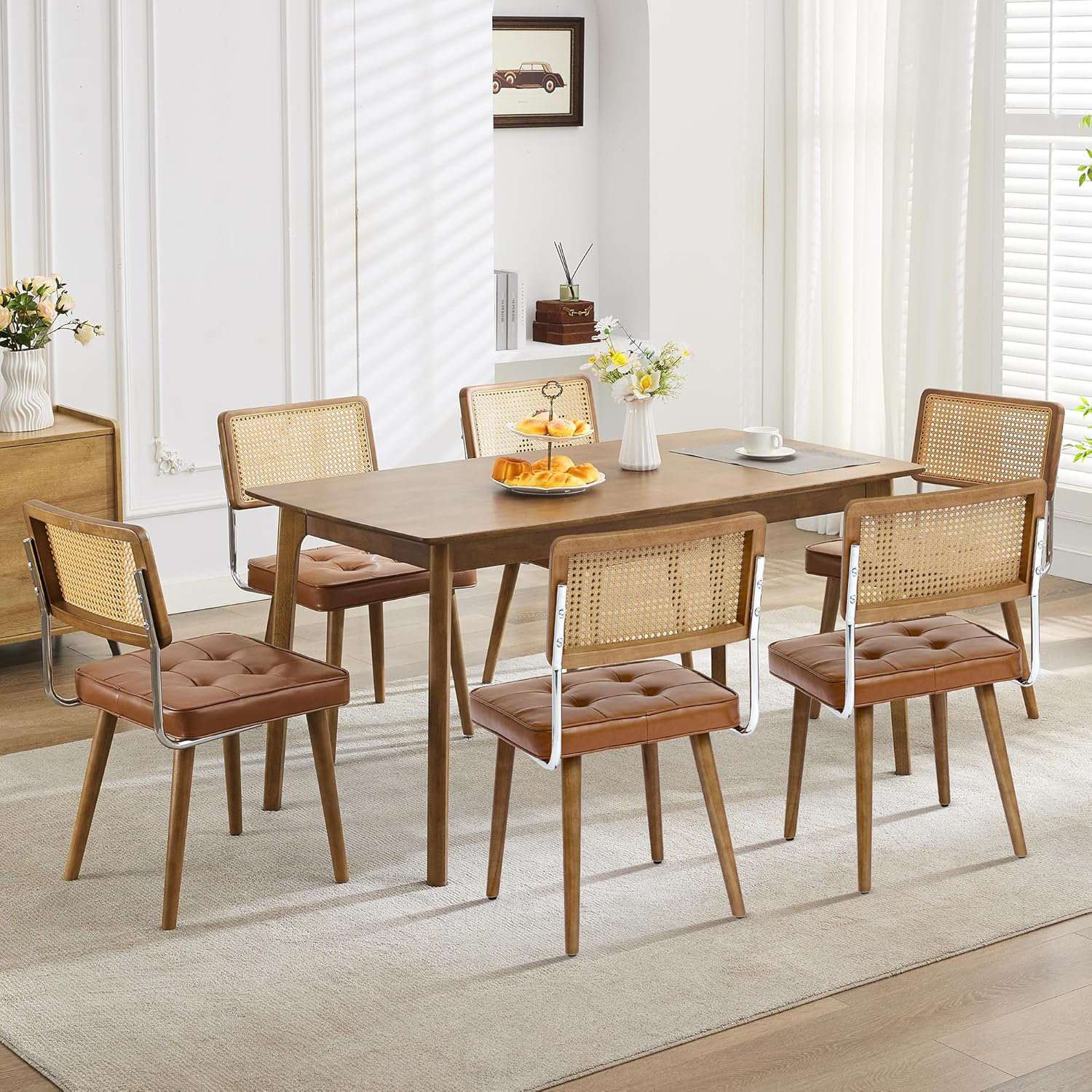 Bayou Breeze Natural Rattan Dining Chairs, Velvet Upholstered Kitchen ...