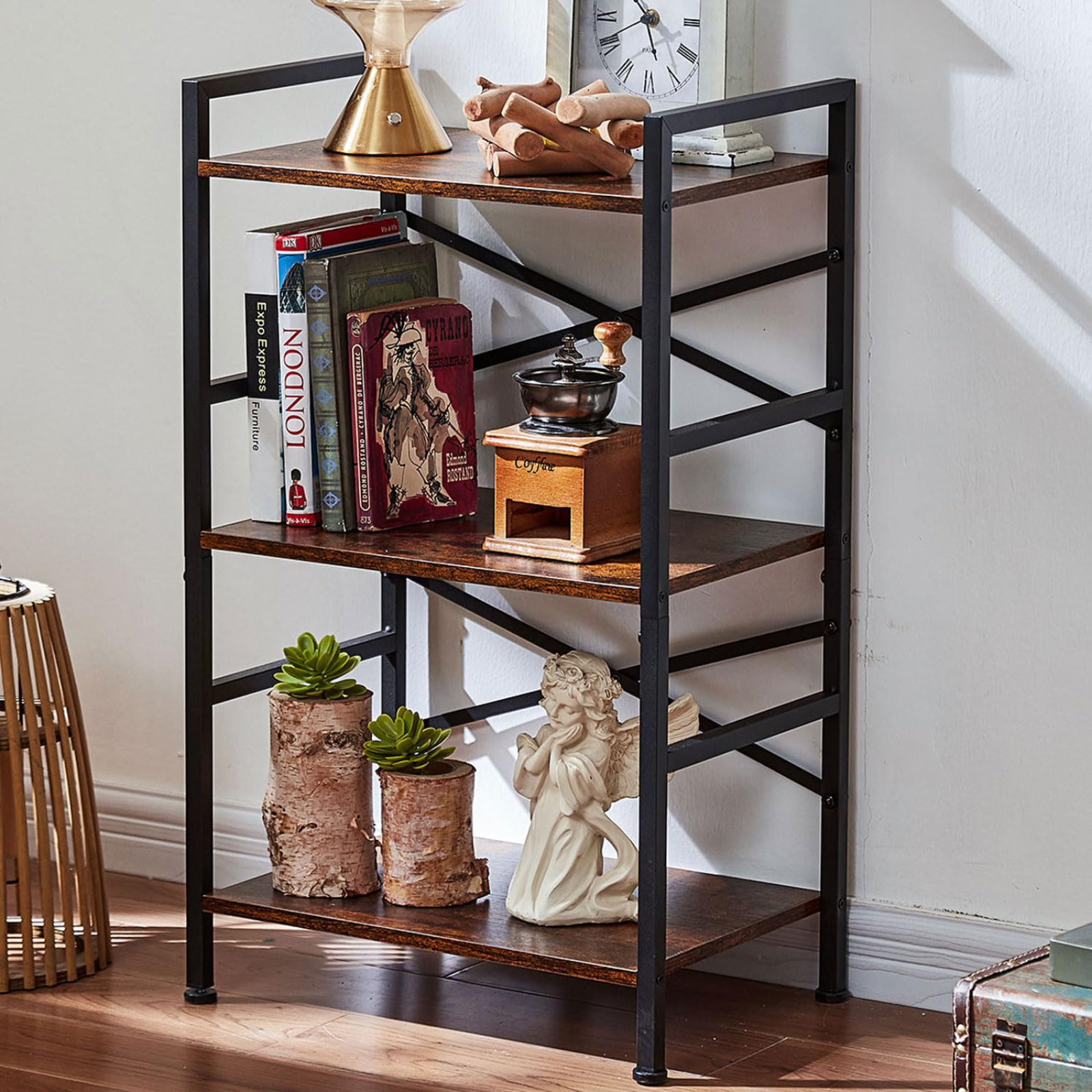 17 Stories 3 Tier Industrial Book Case, Metal & Wood Small Bookshelf ...