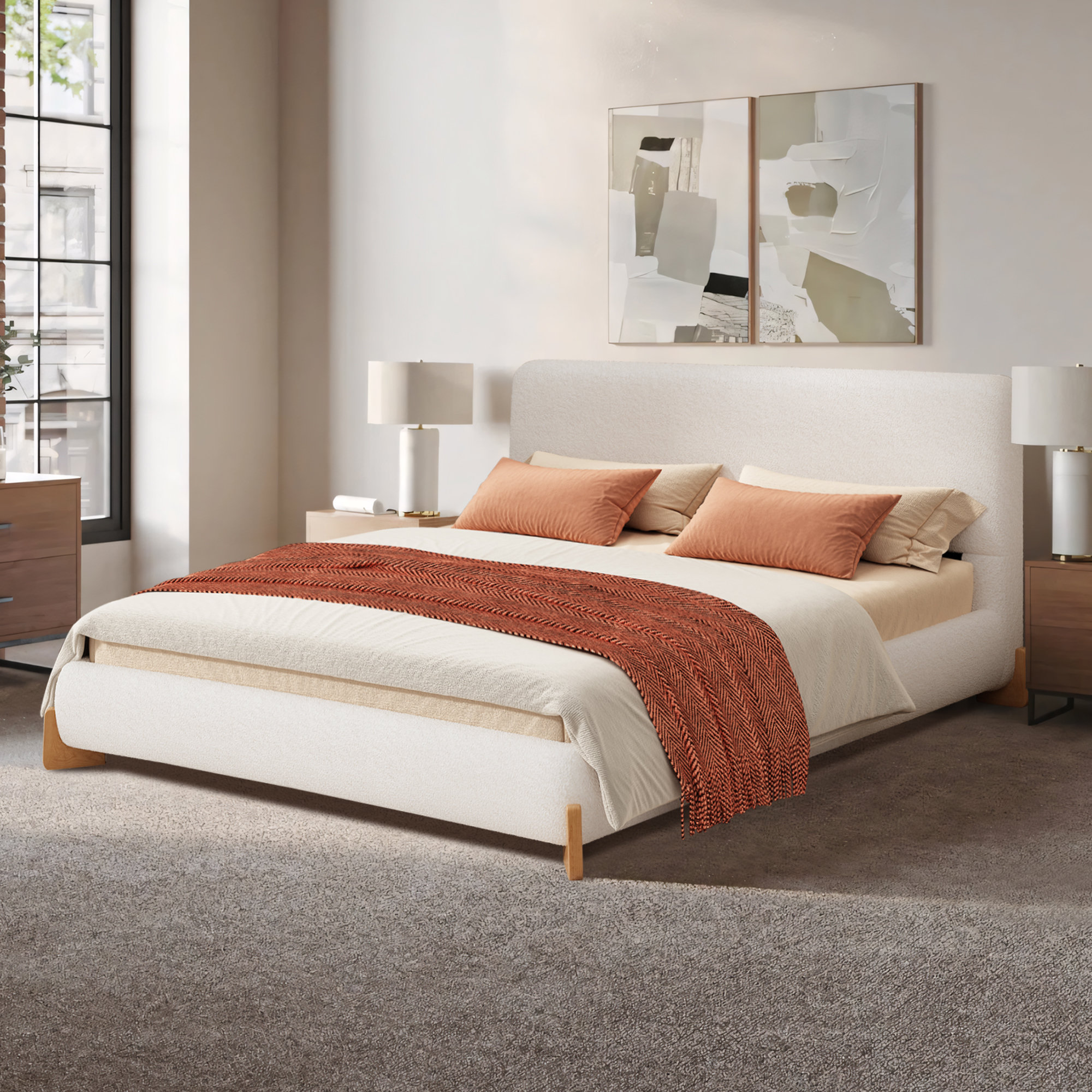 Latitude Run® Boucle Upholstered Platform Bed, Easy Assembly Bed Frame ...