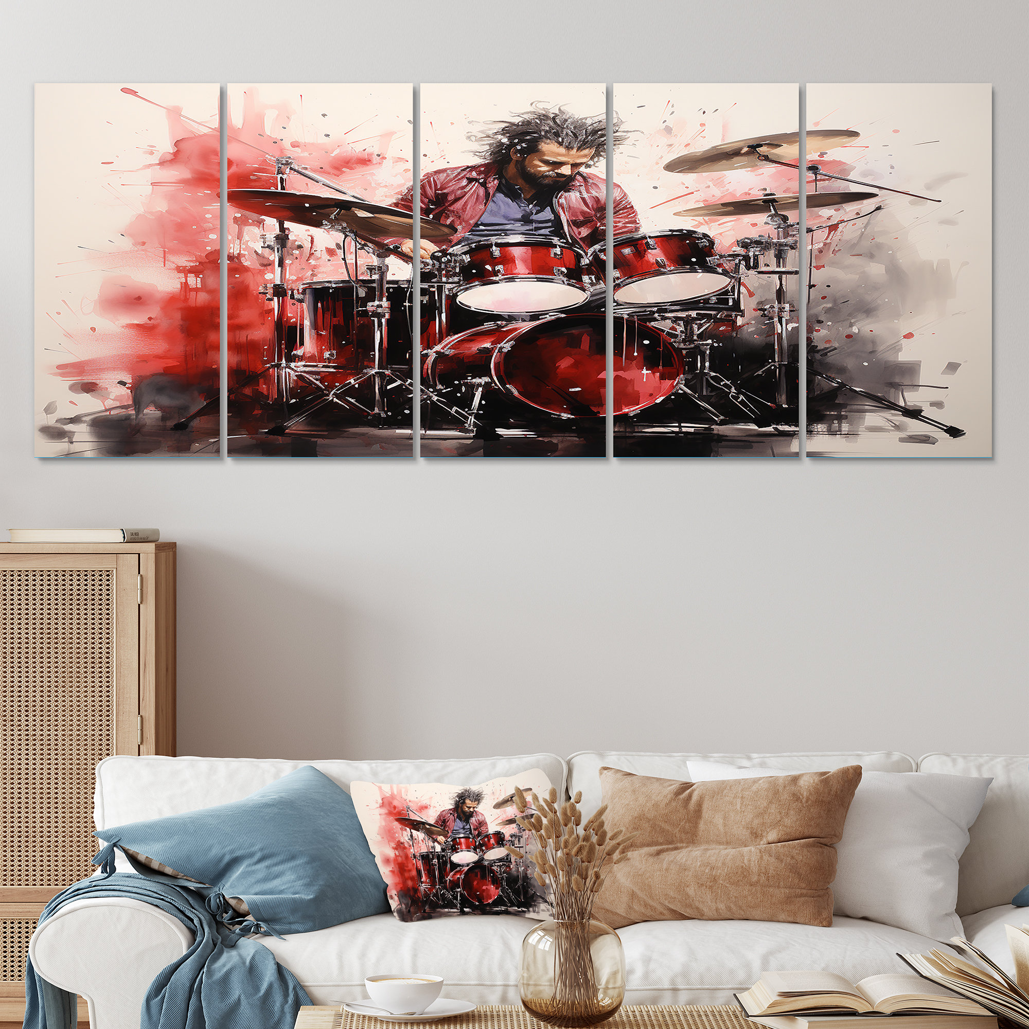 Lark Manor™ Deep Red Drum Beat Painting II - Music 5 Piece Wall Art ...