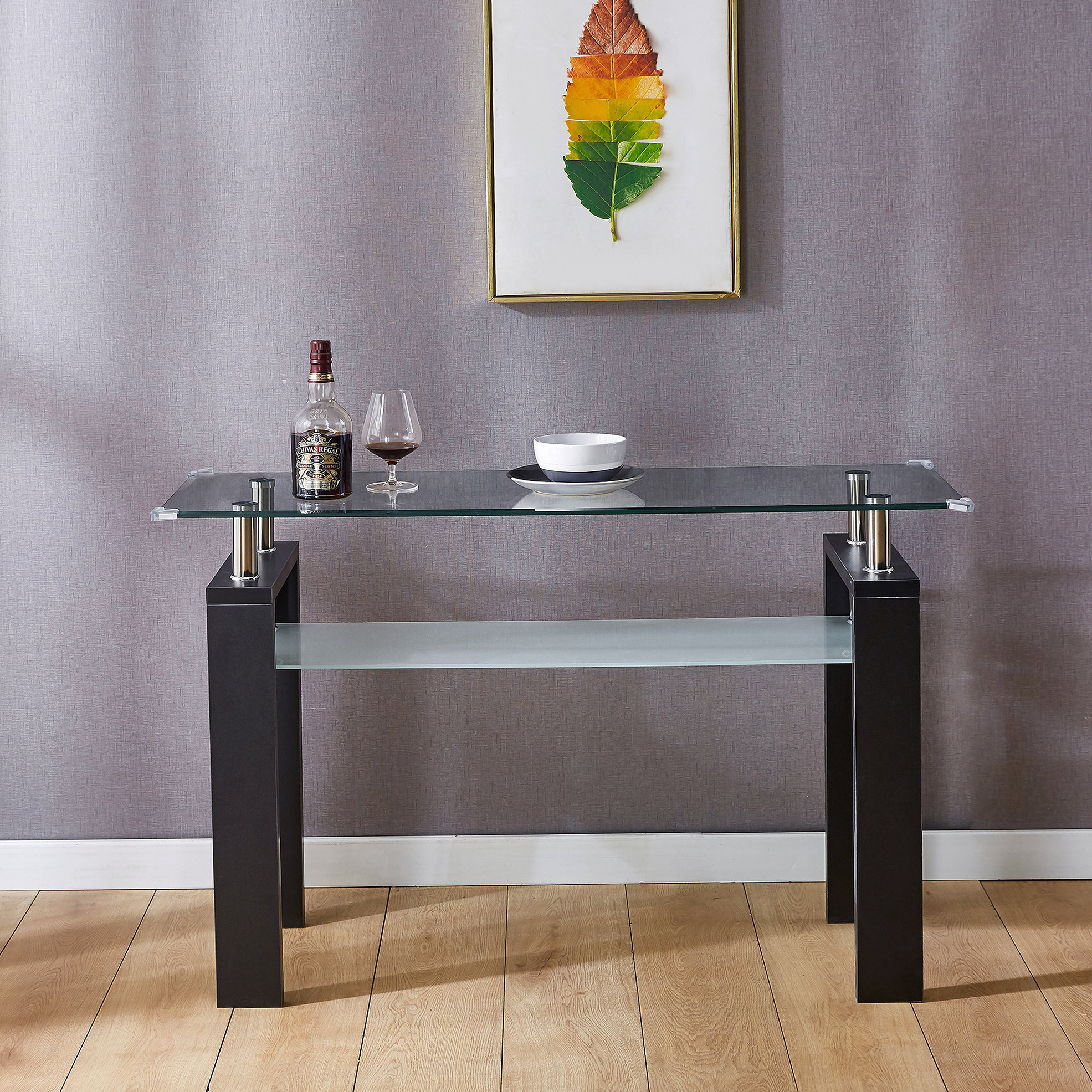 Brayden Studio Black MDF Console Table, Tempered Glass Top, Modern ...