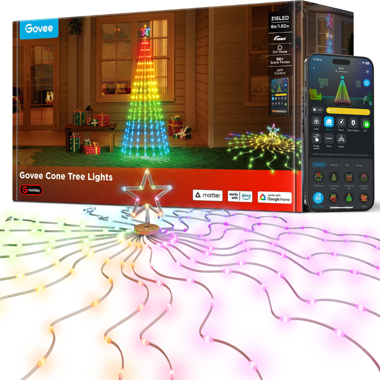 The Holiday Aisle® 6Ft RGBIC Smart Christmas Tree Lights With App ...