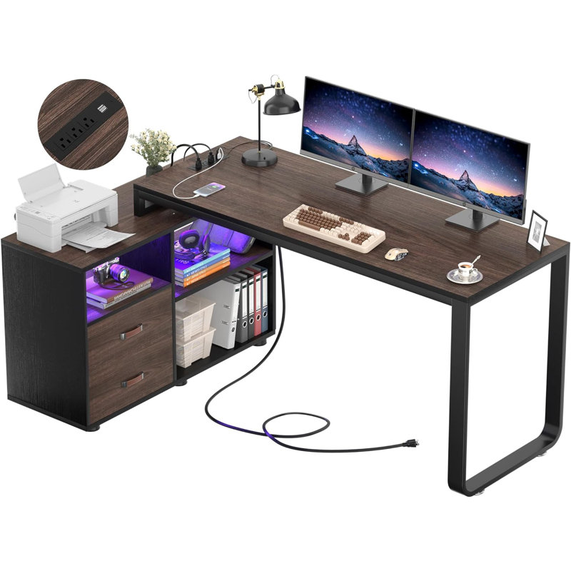 17 Stories Veleta 62" L Shaped Computer Desk with File Drawer, LED ...