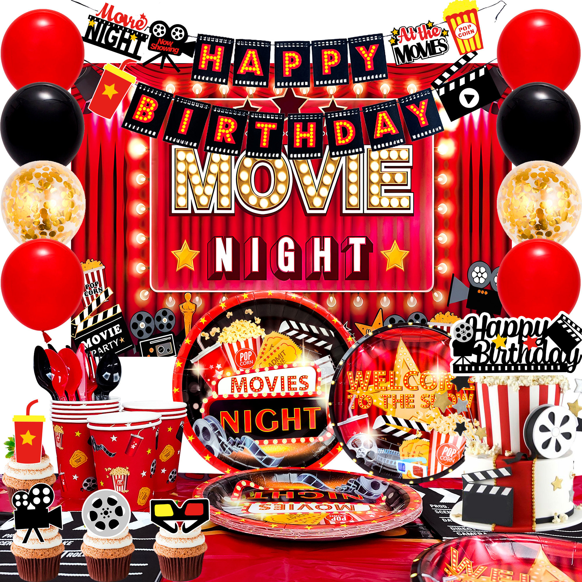 The Party Aisle™ Movie Night Birthday Party Decorations,116Pcs Movie ...