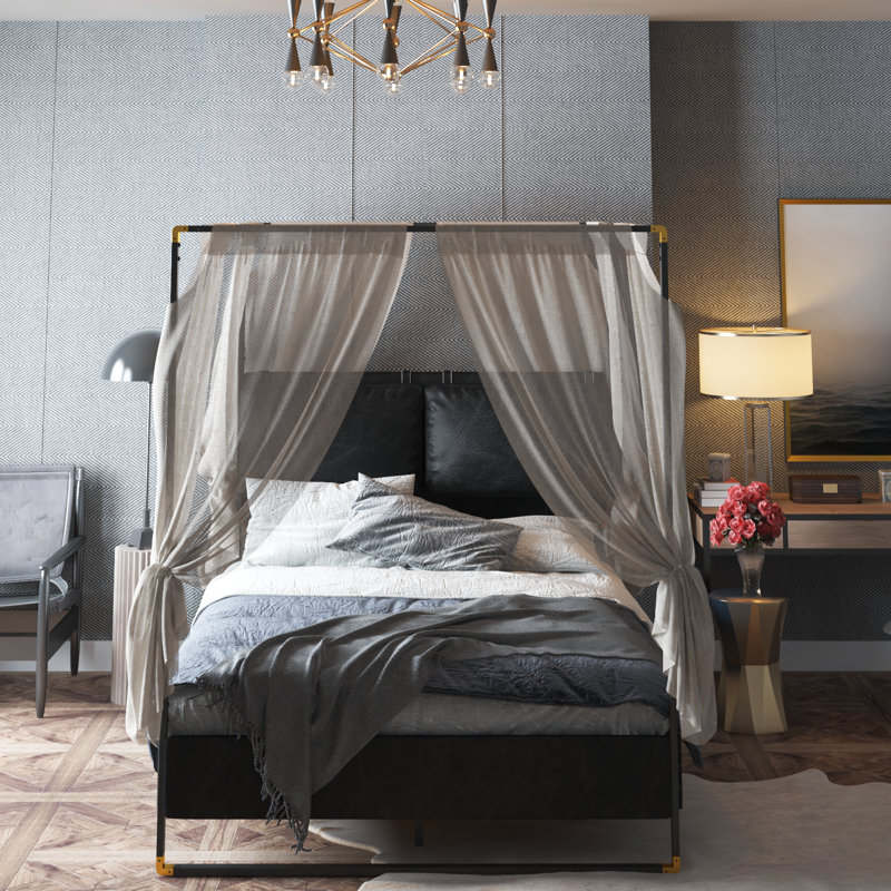 17 Stories Vegan Leather Metal Canopy Bed & Reviews | Wayfair