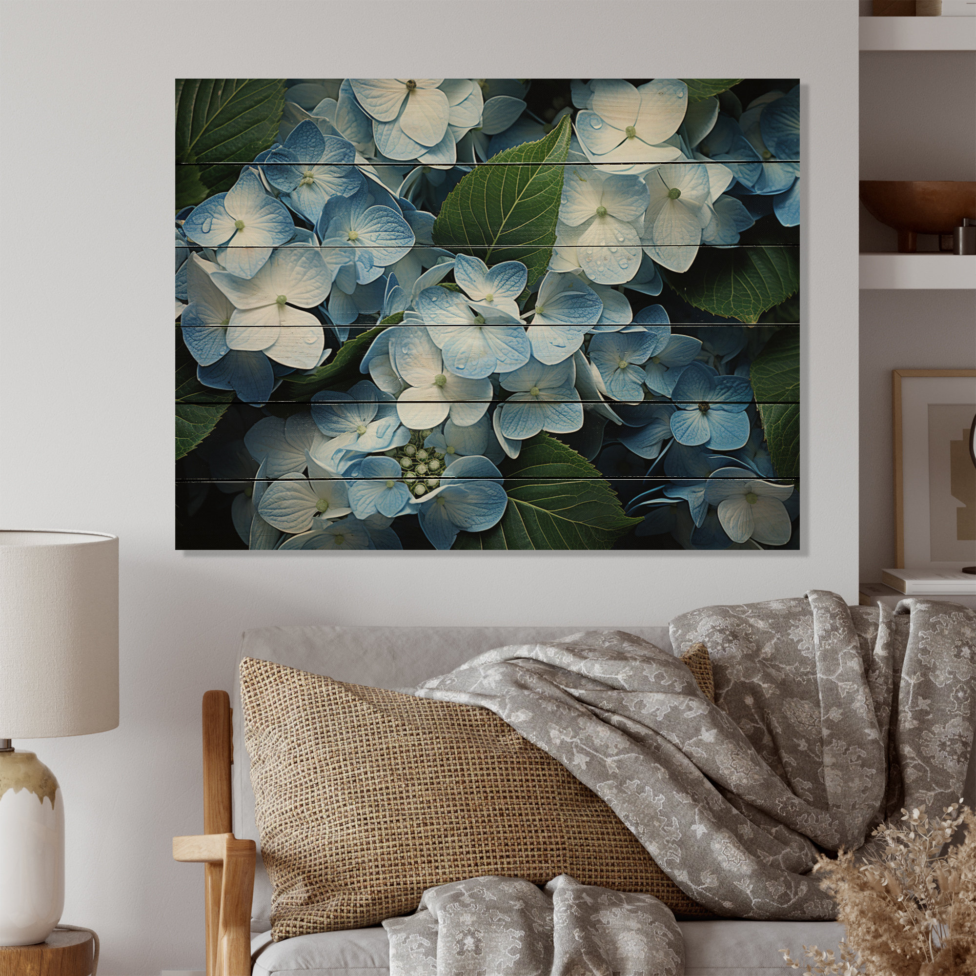 Red Barrel Studio® Blue Hydrangea Field Aerial View On Wood Print | Wayfair